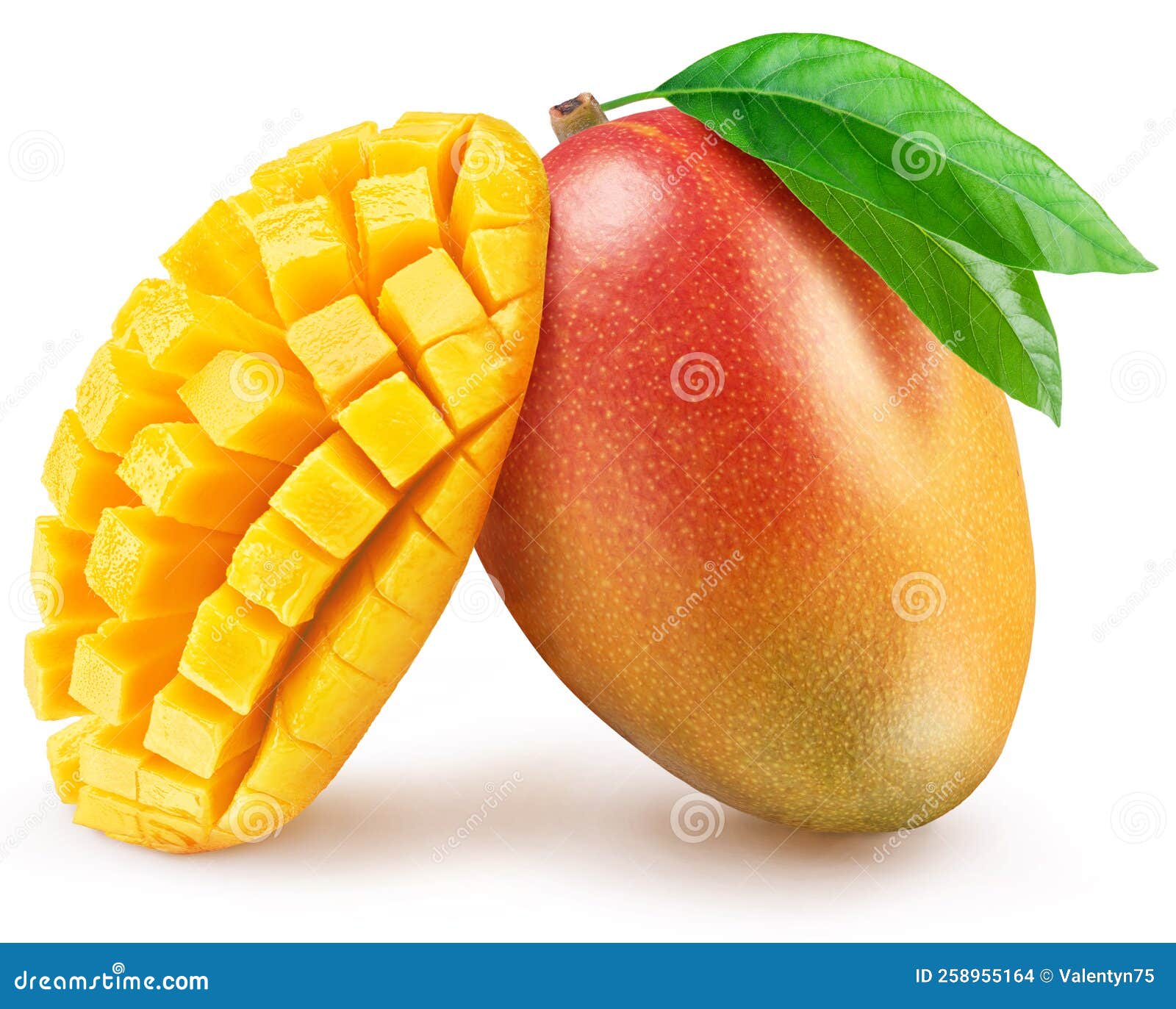 Mango Fruits with Green Leaf and Mango Cut in Hedgehog Style on White ...