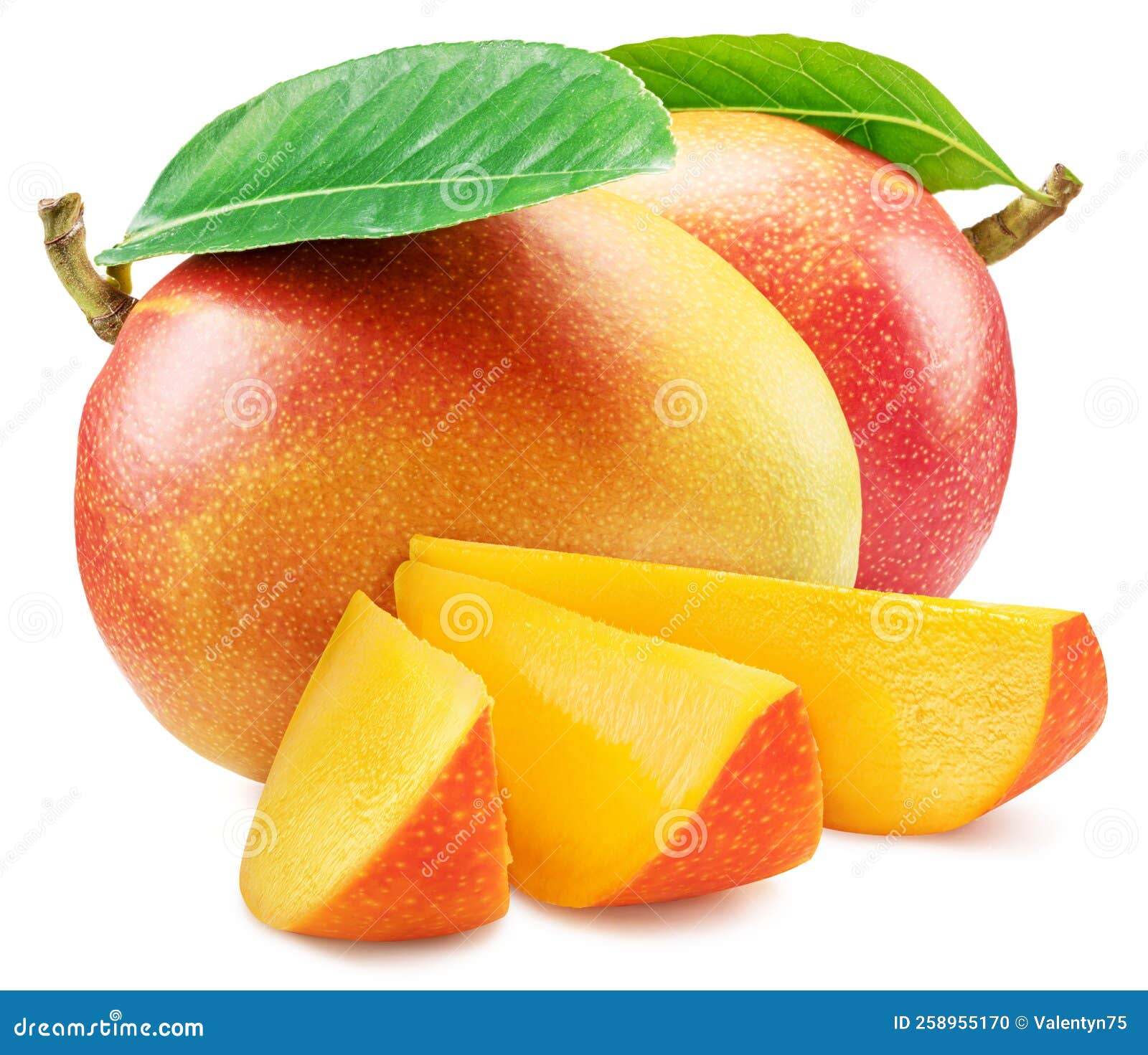 Mango Fruits with Green Leaf and Mango Slices Isolated on White ...