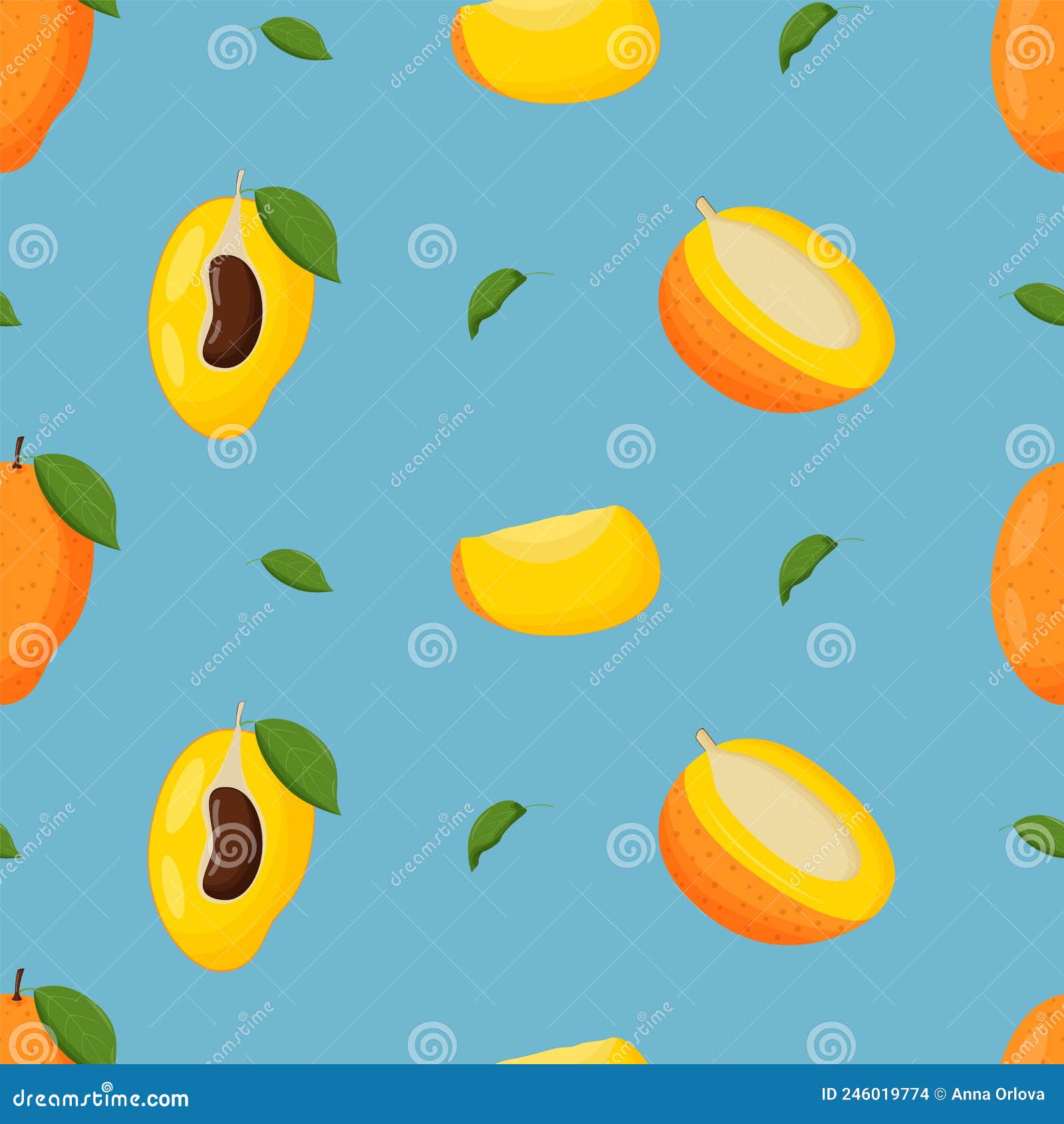 Mango with Green Leaves Seamless Pattern. Flat Vector Illustration ...