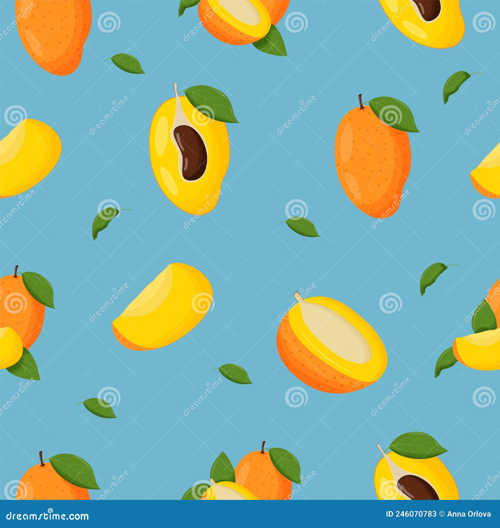 Mango with Green Leaves Seamless Pattern. Flat Vector Illustration ...
