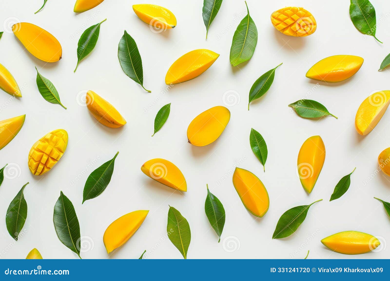 Mango with Half Slices with Green Leaves Isolated on White Background ...