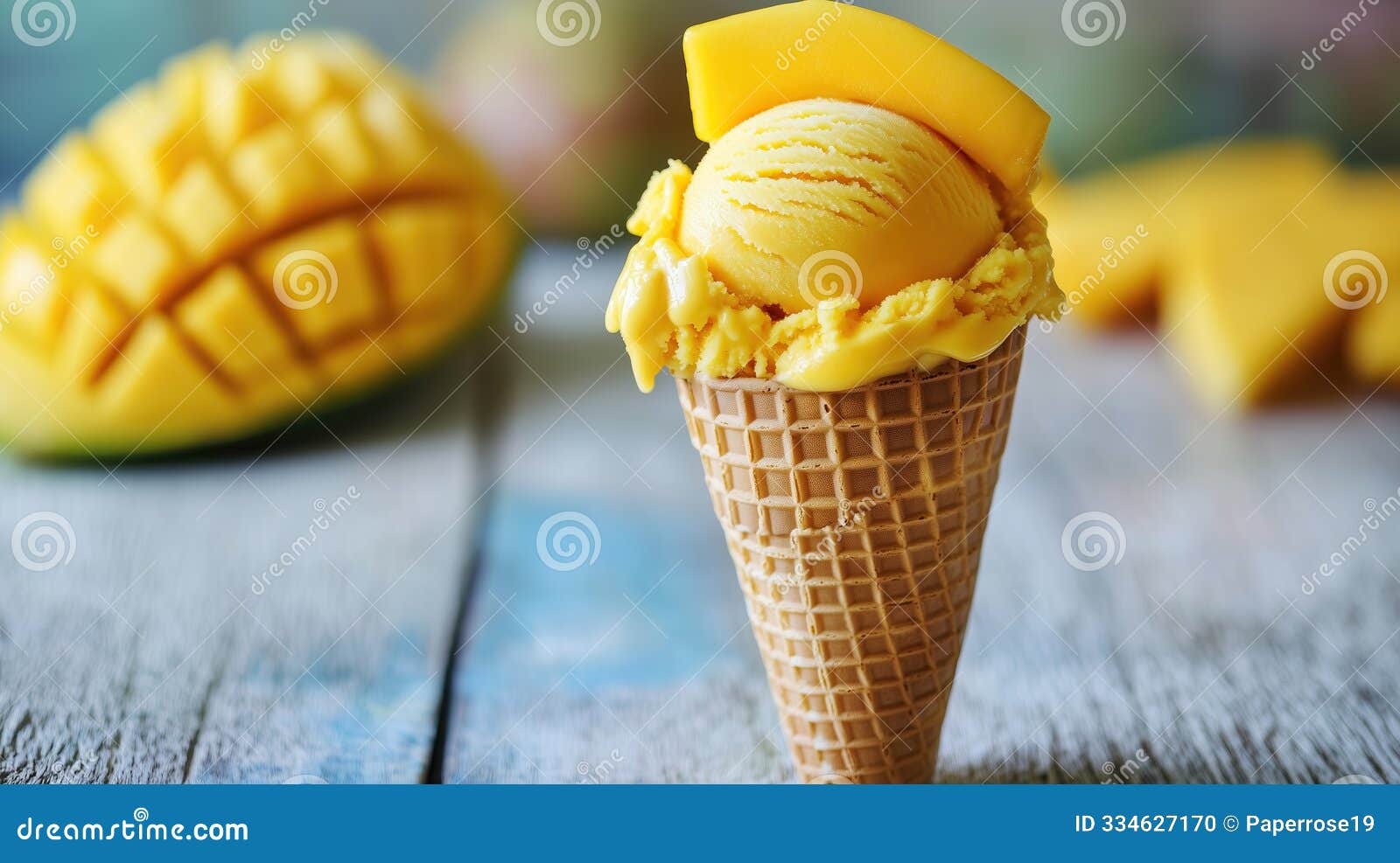 A Mango Ice Cream Cone with a Slice of Mango on Top Stock Photo - Image ...