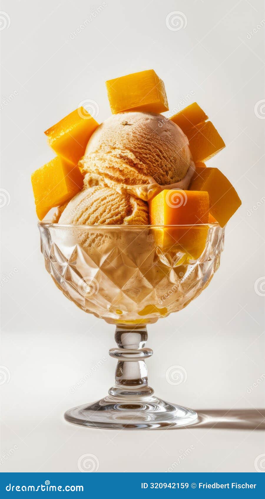 Mango Ice Cream in Crystal Glass Dish with Mango Chunks on White ...