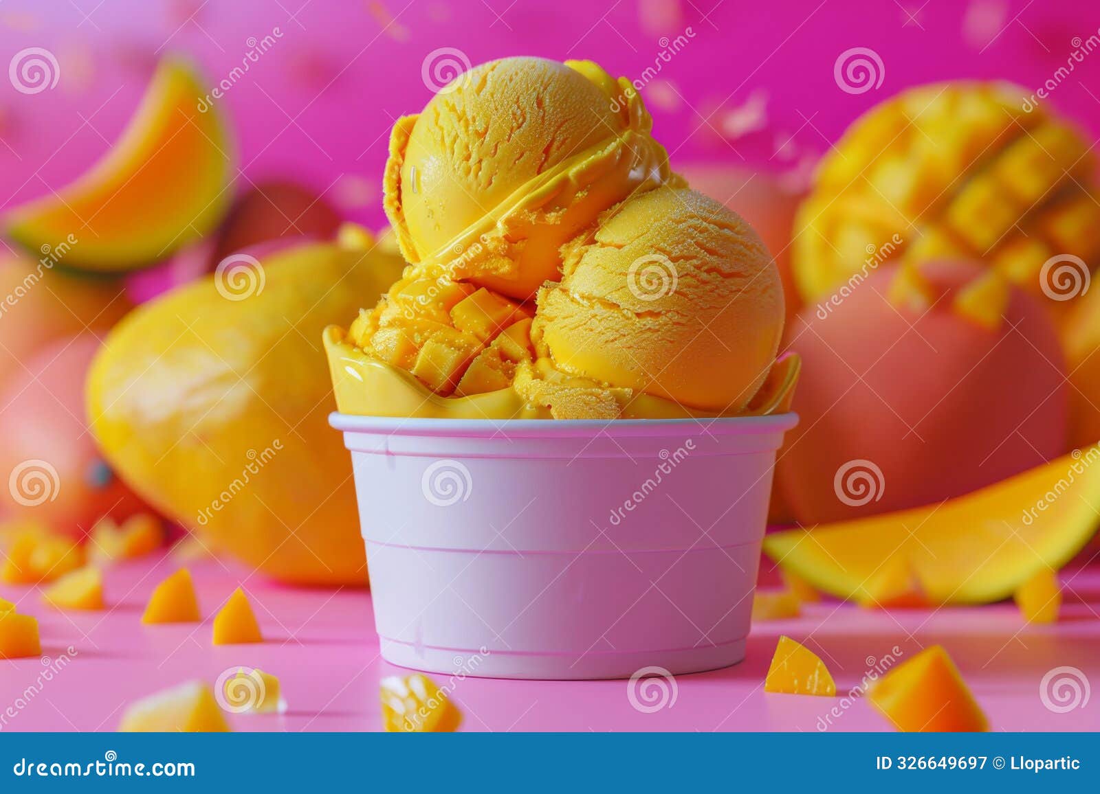 Mango Ice Cream Scoops in a Cup with Fresh Mango Pieces and Vibrant ...