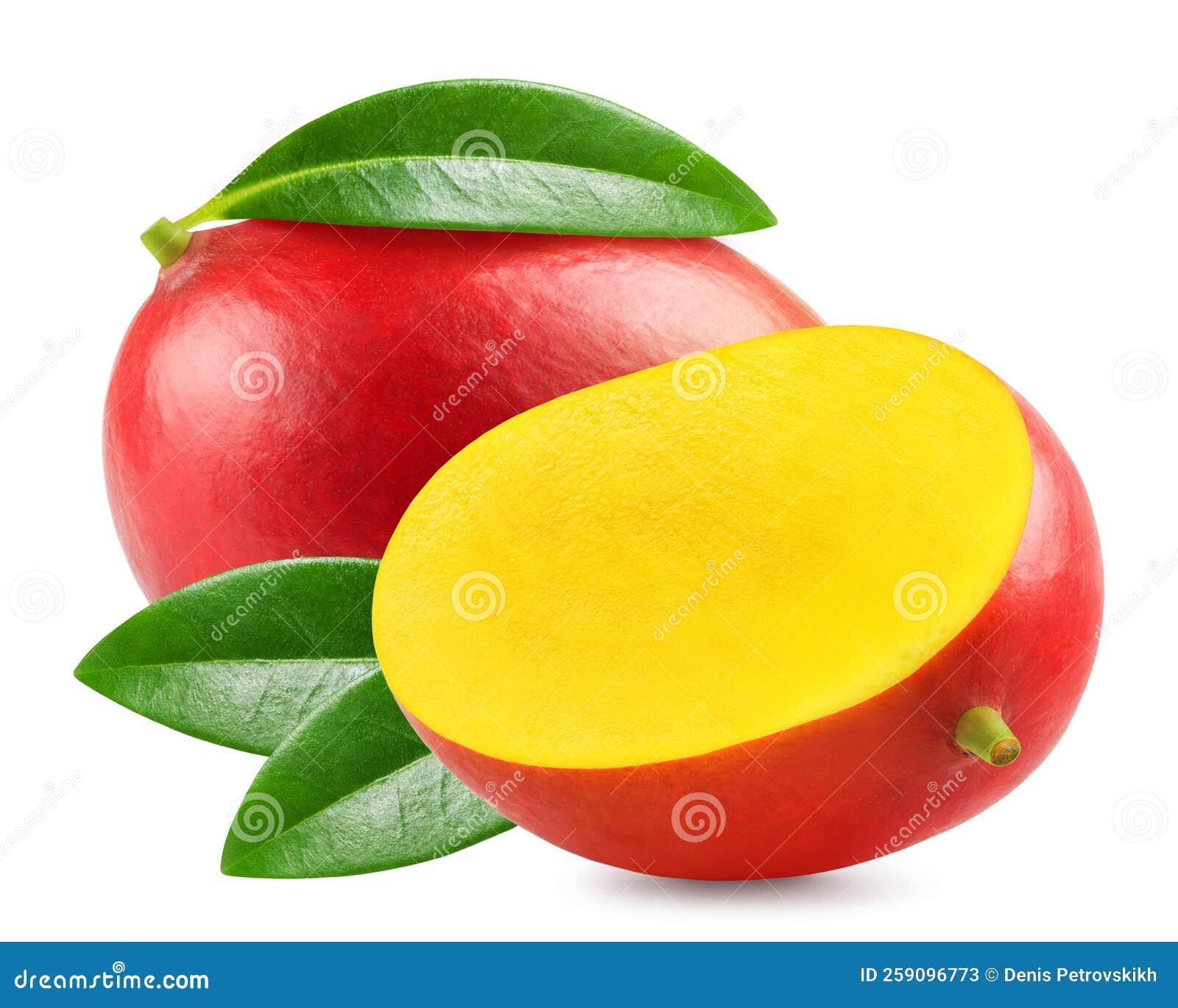 Mango Isolated. Ripe Red Mango and Half Mango with Green Leaves on a ...