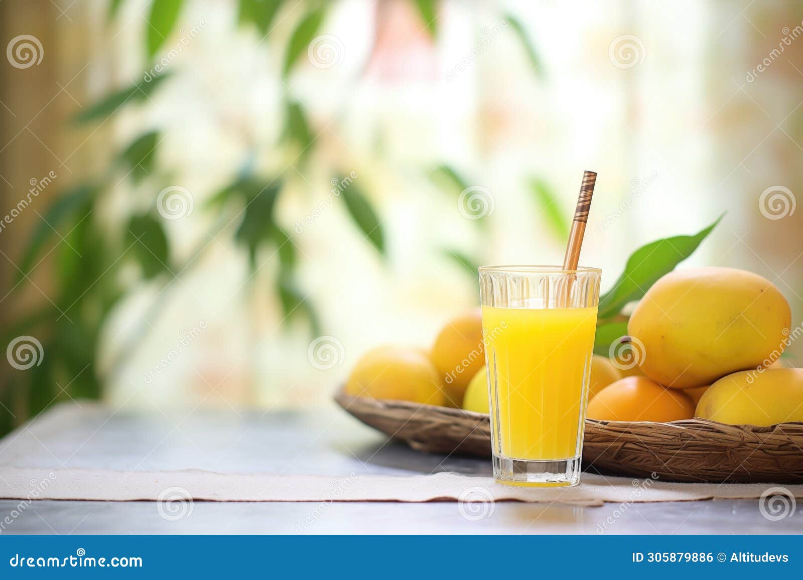 Mango Juice in Elegant Flute Glass, Stack of Mangoes in Soft Focus ...