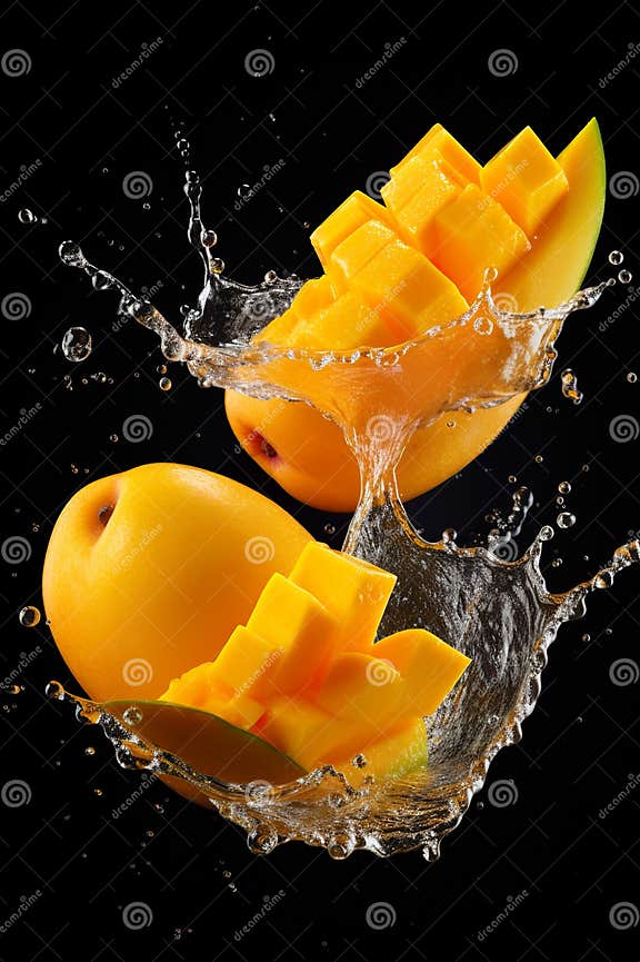 Mango Juice and Pieces of Fruit Falling on Black Background with a ...