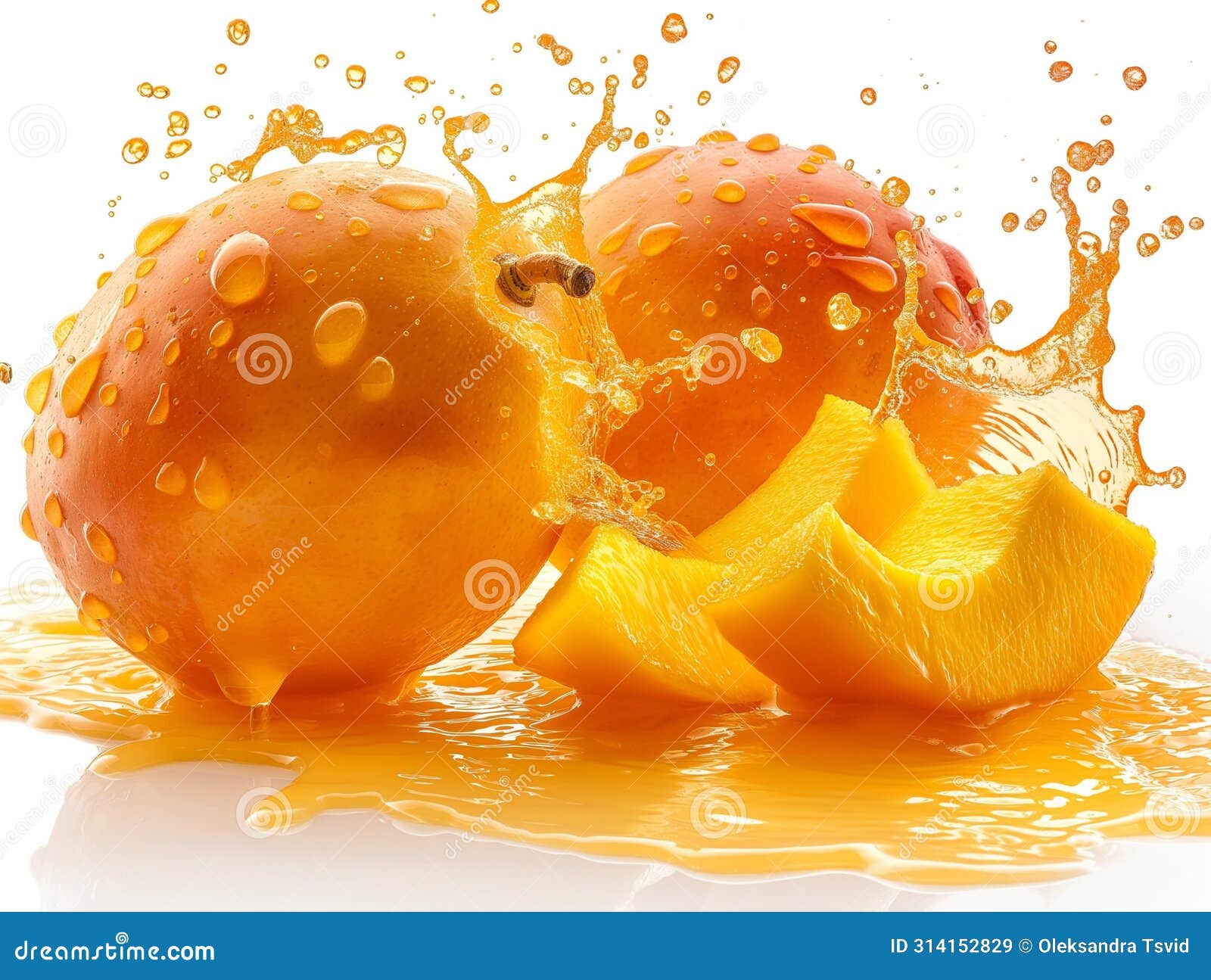Mango Juice Splashes from a Mango, Splashes of Mango Juice on White ...