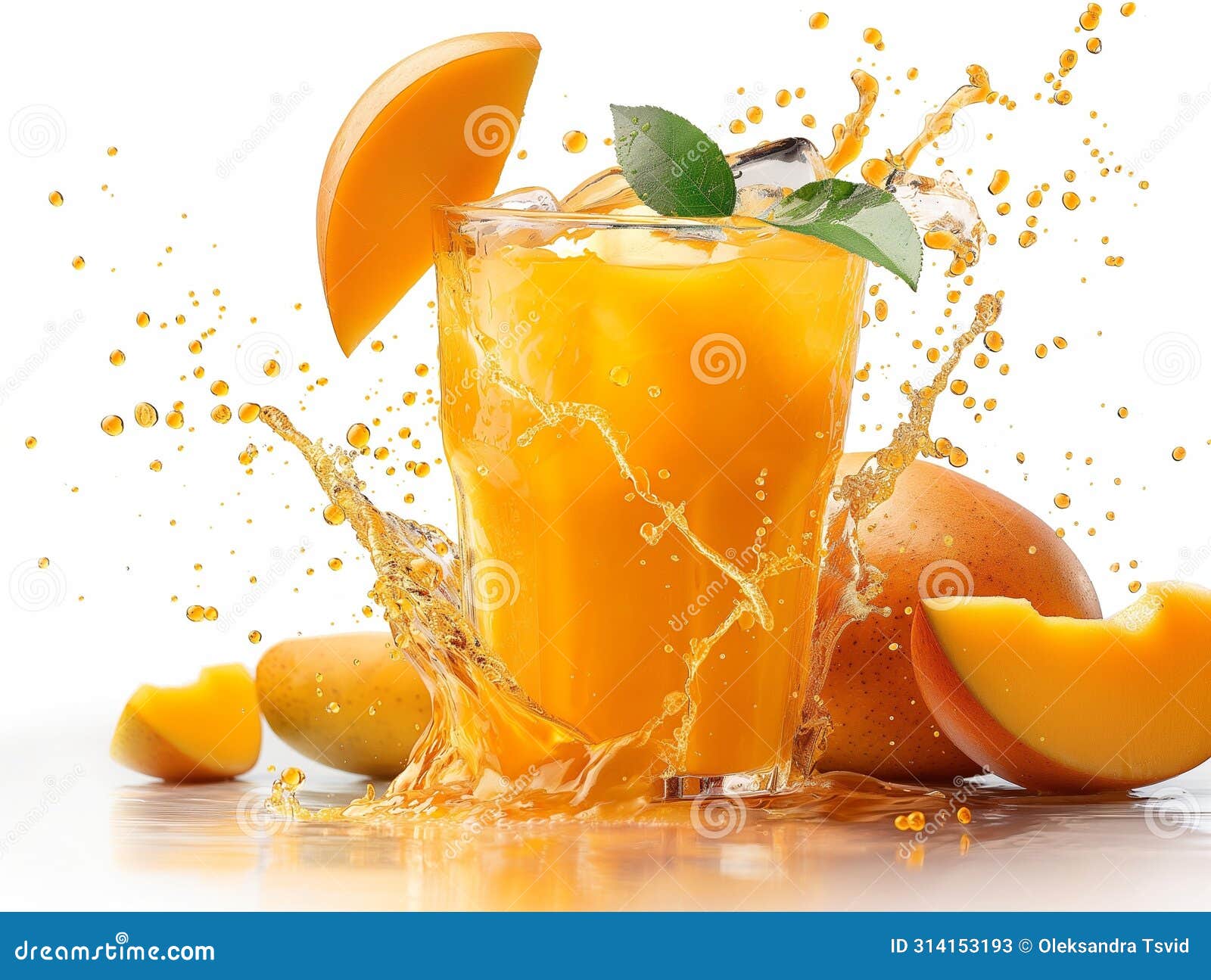 Mango Juice Splashes from a Mango, Splashes of Mango Juice on White ...