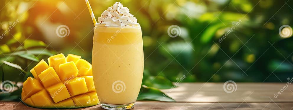 Mango Milkshake on a Background of Tropical Leaves. Selective Focus ...