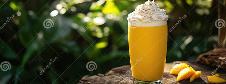 Mango Milkshake on a Background of Tropical Leaves. Selective Focus ...