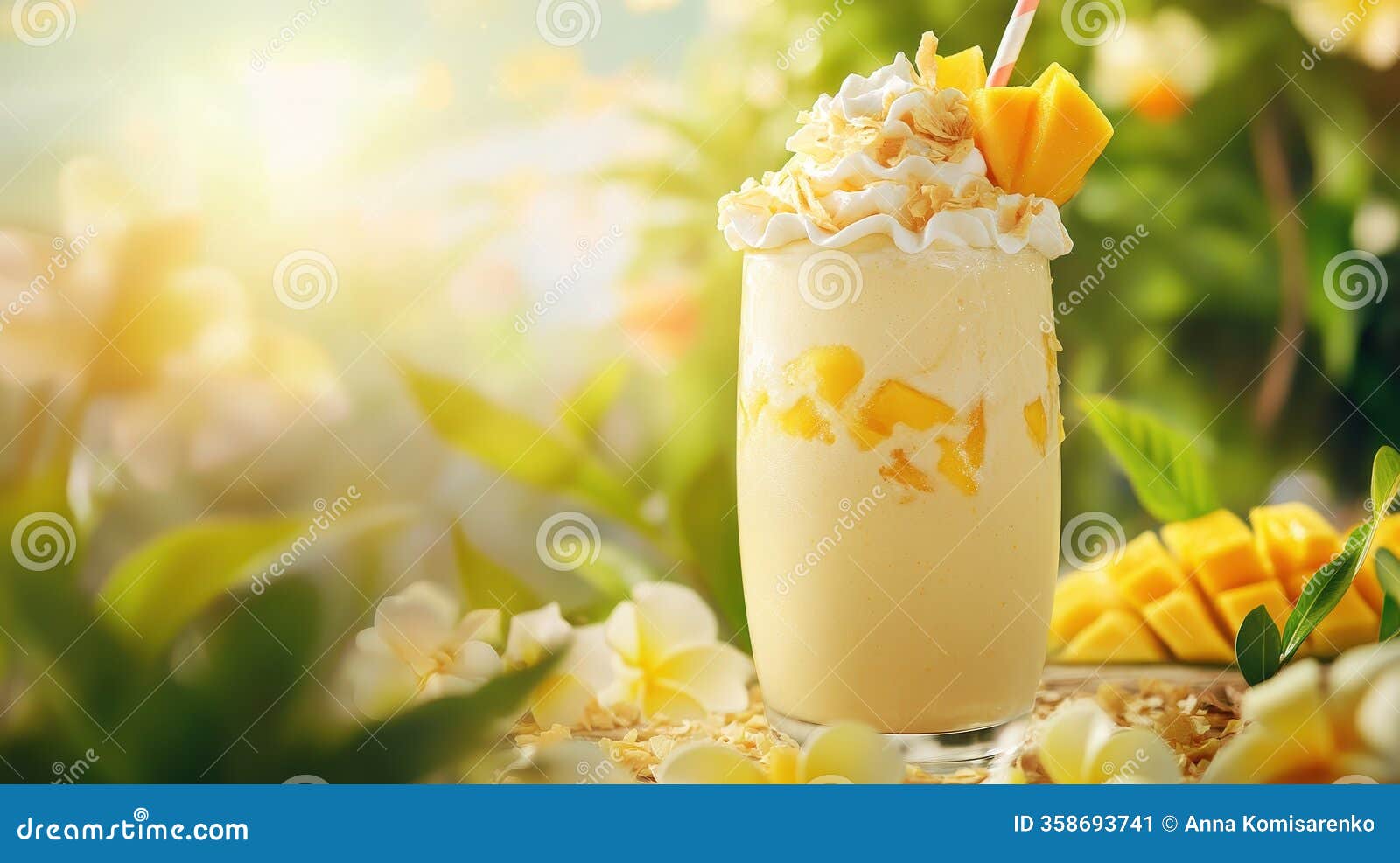 Mango Milkshake on a Background of Tropical Leaves. Selective Focus ...