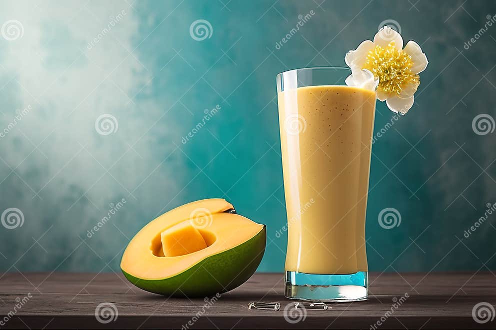 Mango MilkShake in a Glass, in an Aqua Background. Generative AI. Stock ...
