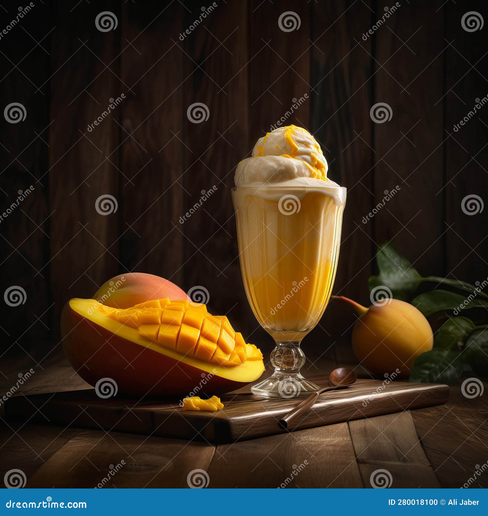 A Mango Milkshake with Mango Fruit beside it on a Wooden Table Ai ...