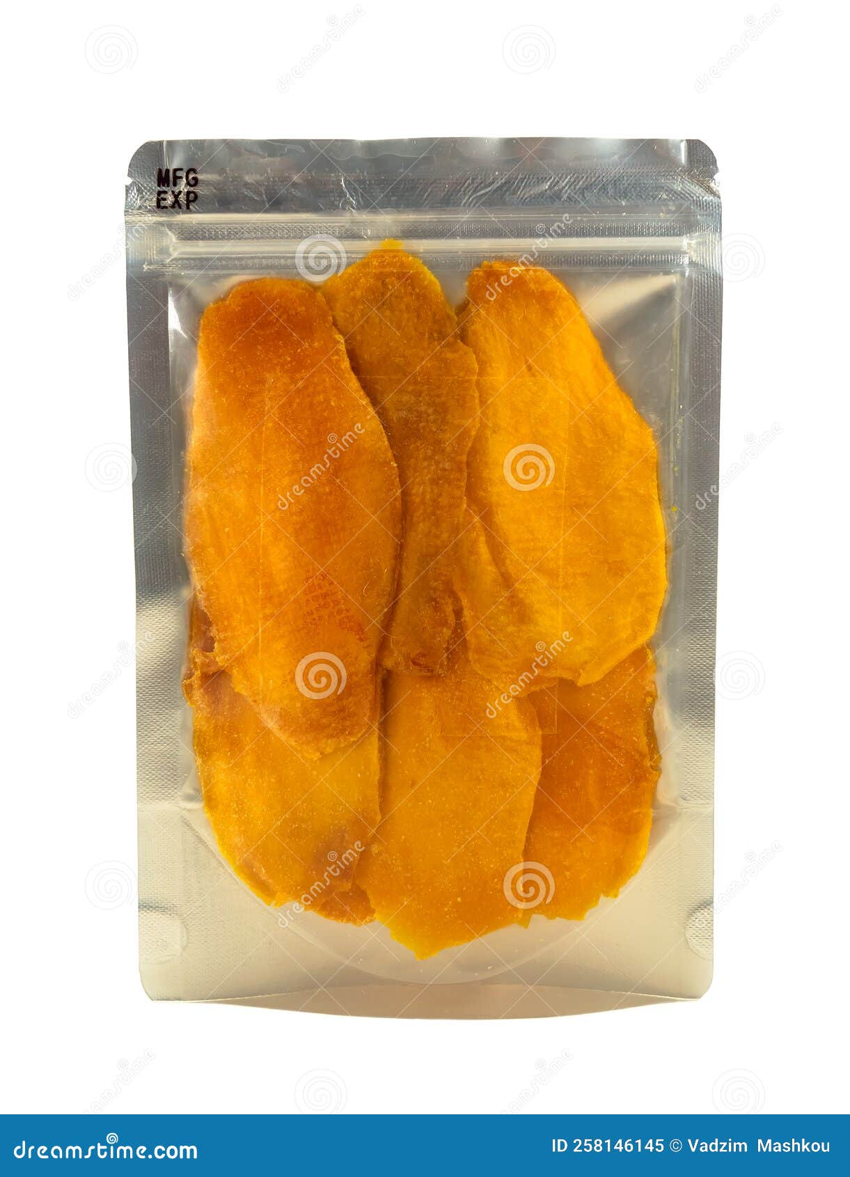 Mango in the Package Isolate. Pieces of Dried Mango on a White ...
