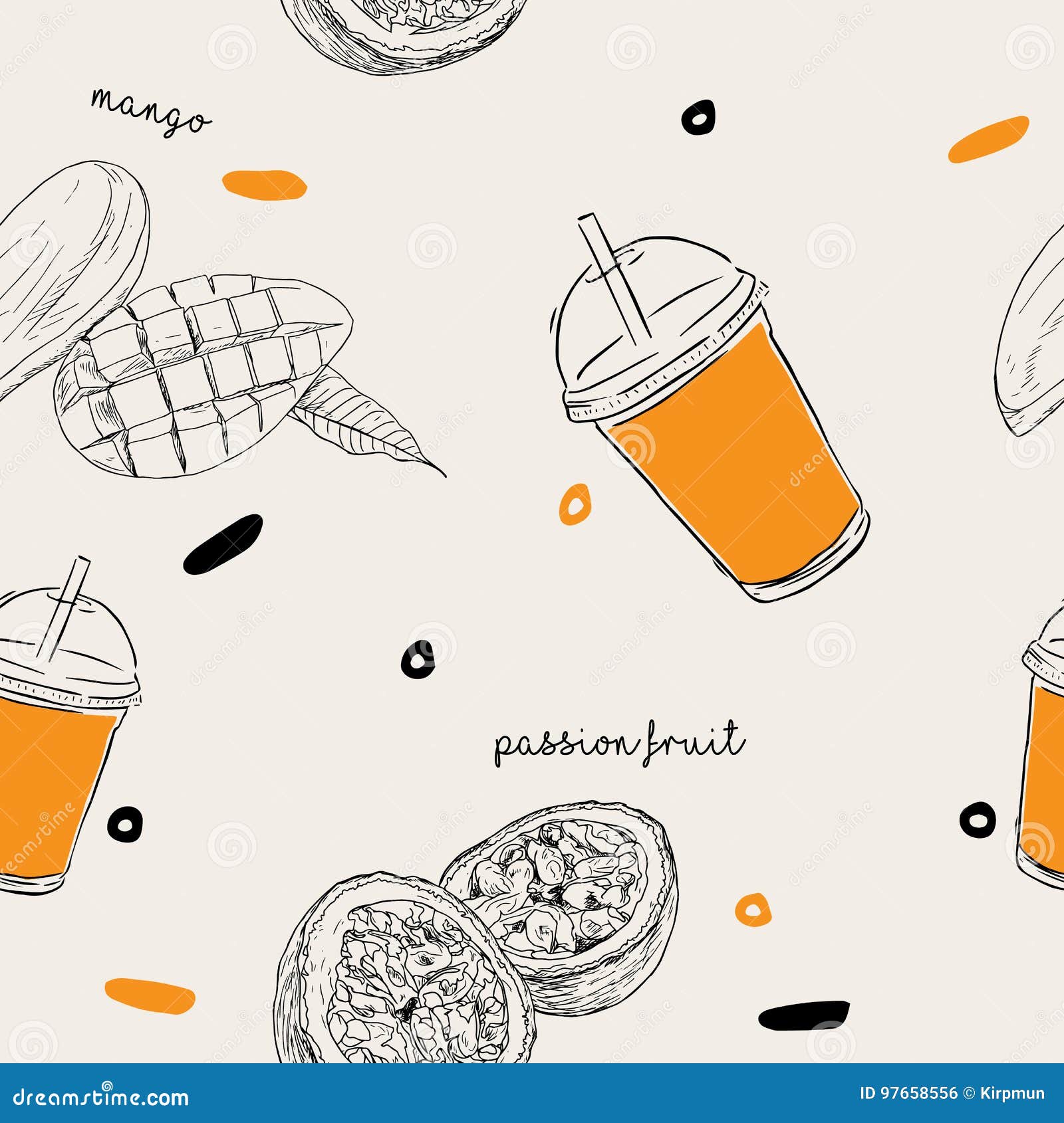 Mango and Passion Fruit Smoothie Seamless Pattern Stock Vector ...
