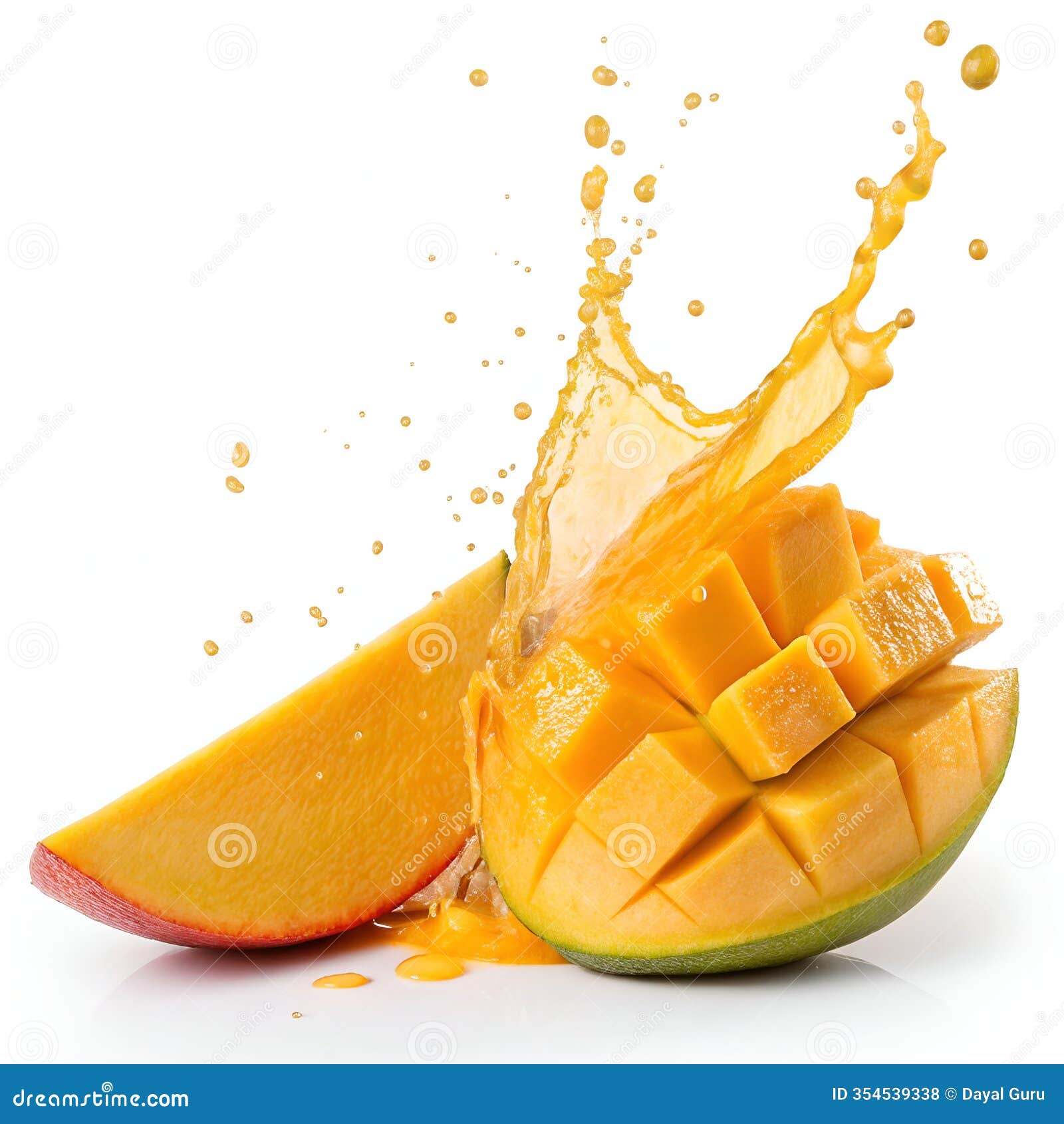 Mango Slice with Dynamic Juice Splash Isolated on White Background ...