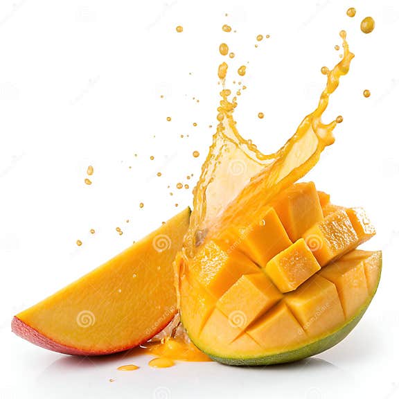Mango Slice with Dynamic Juice Splash Isolated on White Background ...