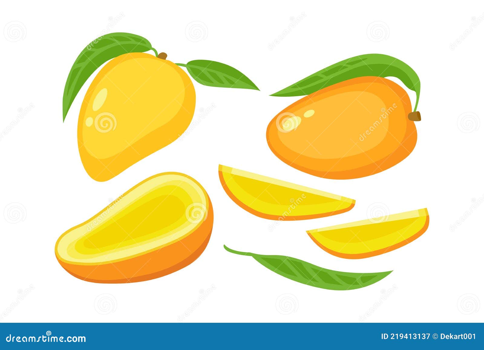 Mango Slice, Whole with Leaf and Pieces Set Isolated on White ...