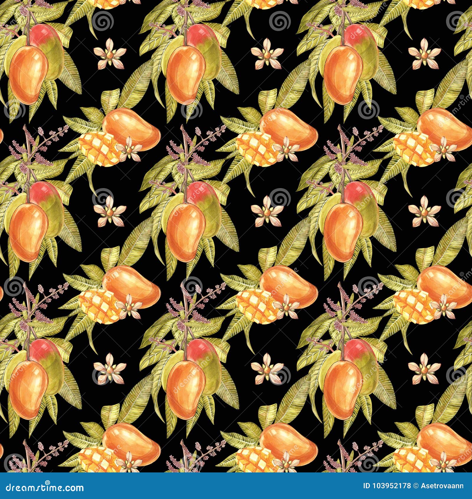 Mango Tree Vintage Seamless Pattern. Mango Fruit Watercolor Botanical ...