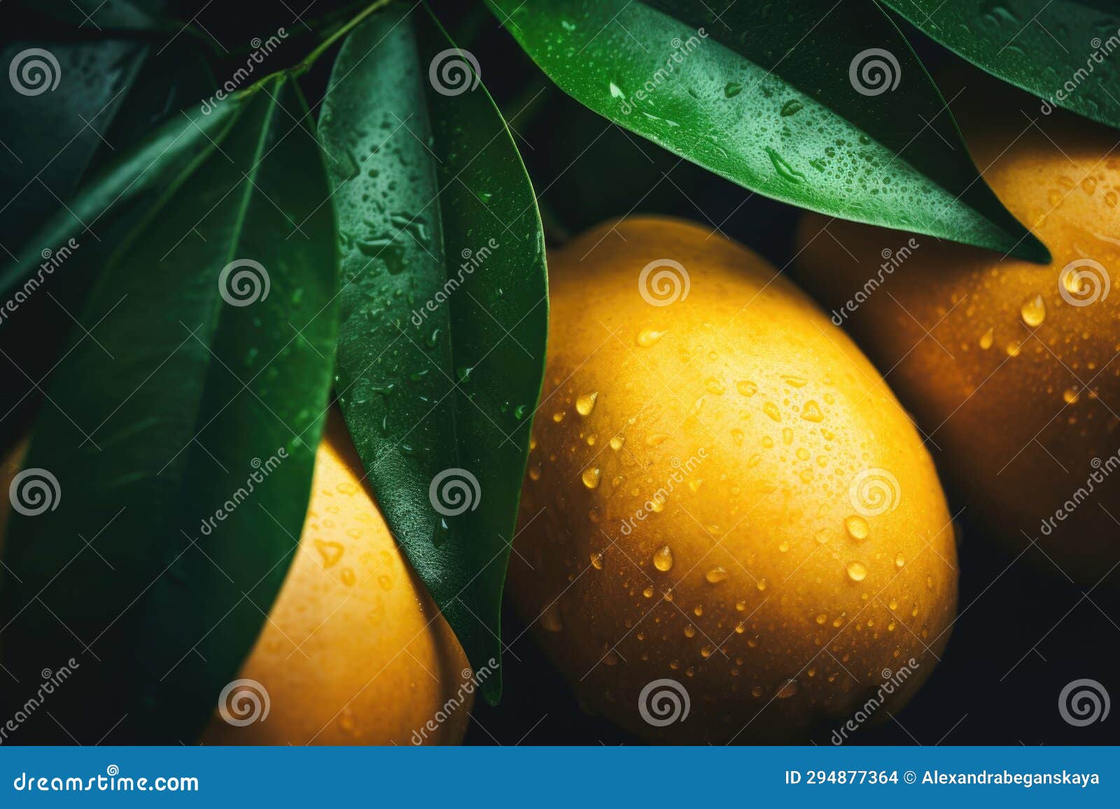 Mango with Water Drops and Leaves Stock Illustration - Illustration of ...