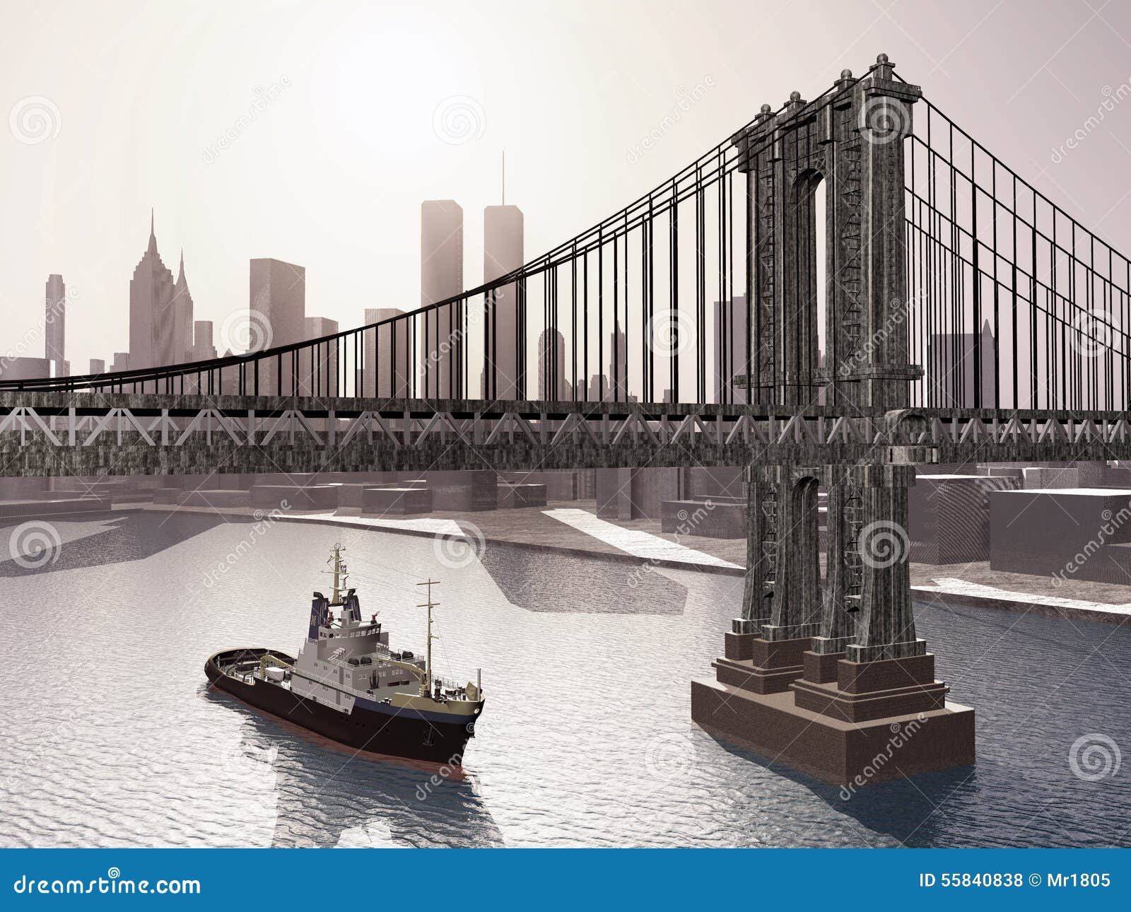 Manhattan Bridge stock illustration. Illustration of sightseeing - 55840838