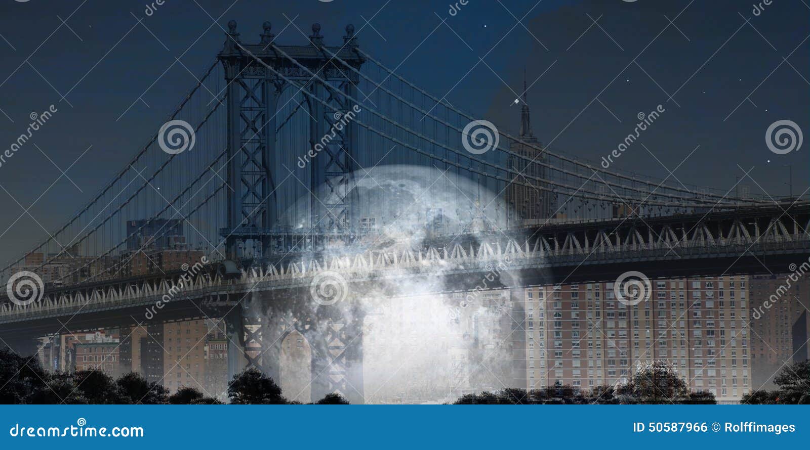 Manhattan Bridge with Moon stock illustration. Illustration of ...