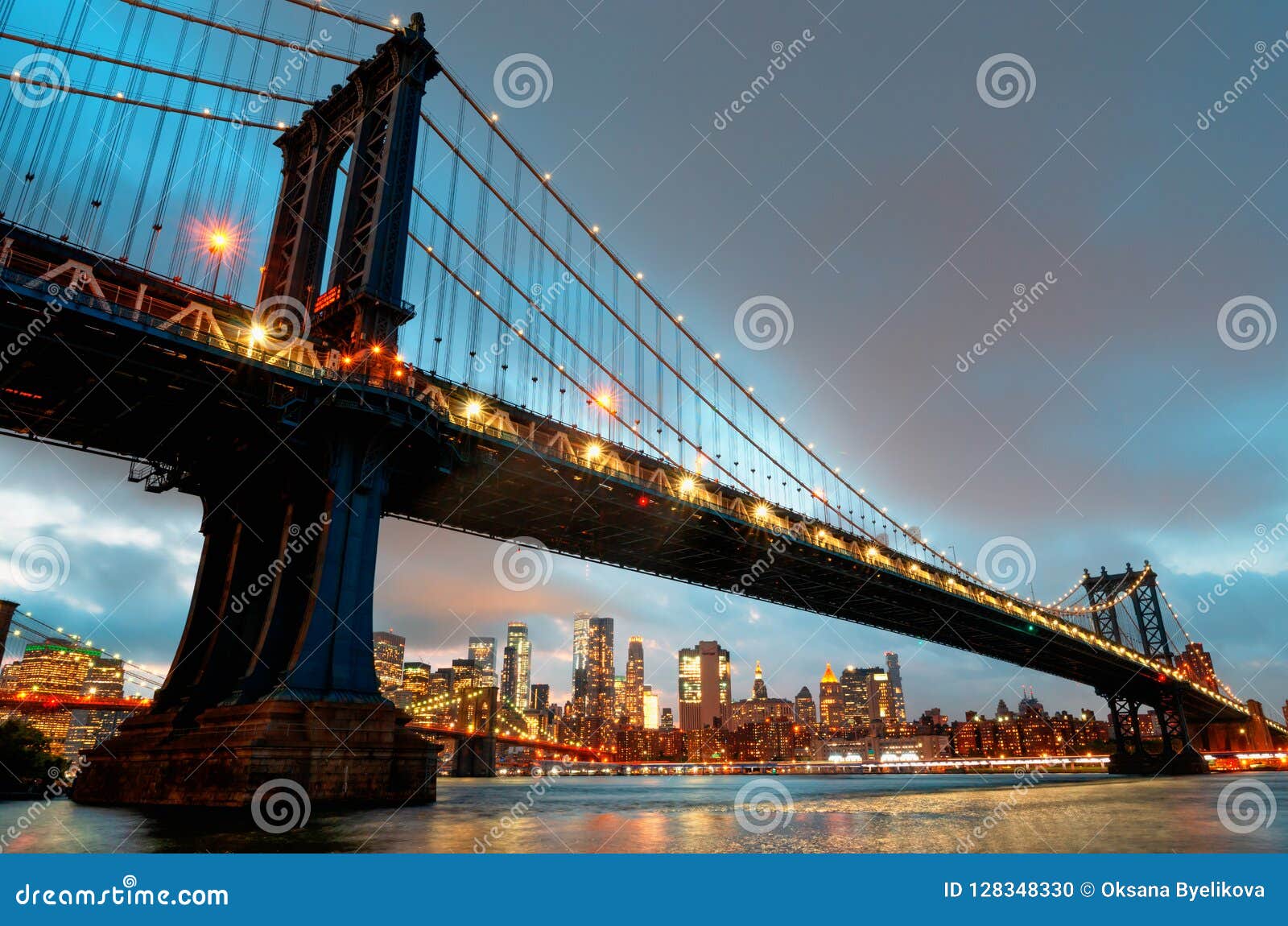 Manhattan Bridge at Night. New York Stock Photo - Image of light ...