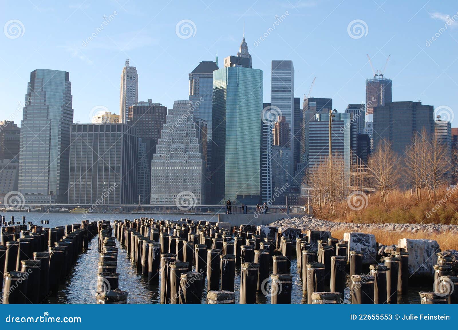 Manhattan Skyline from Brooklyn Shore Stock Image - Image of river ...
