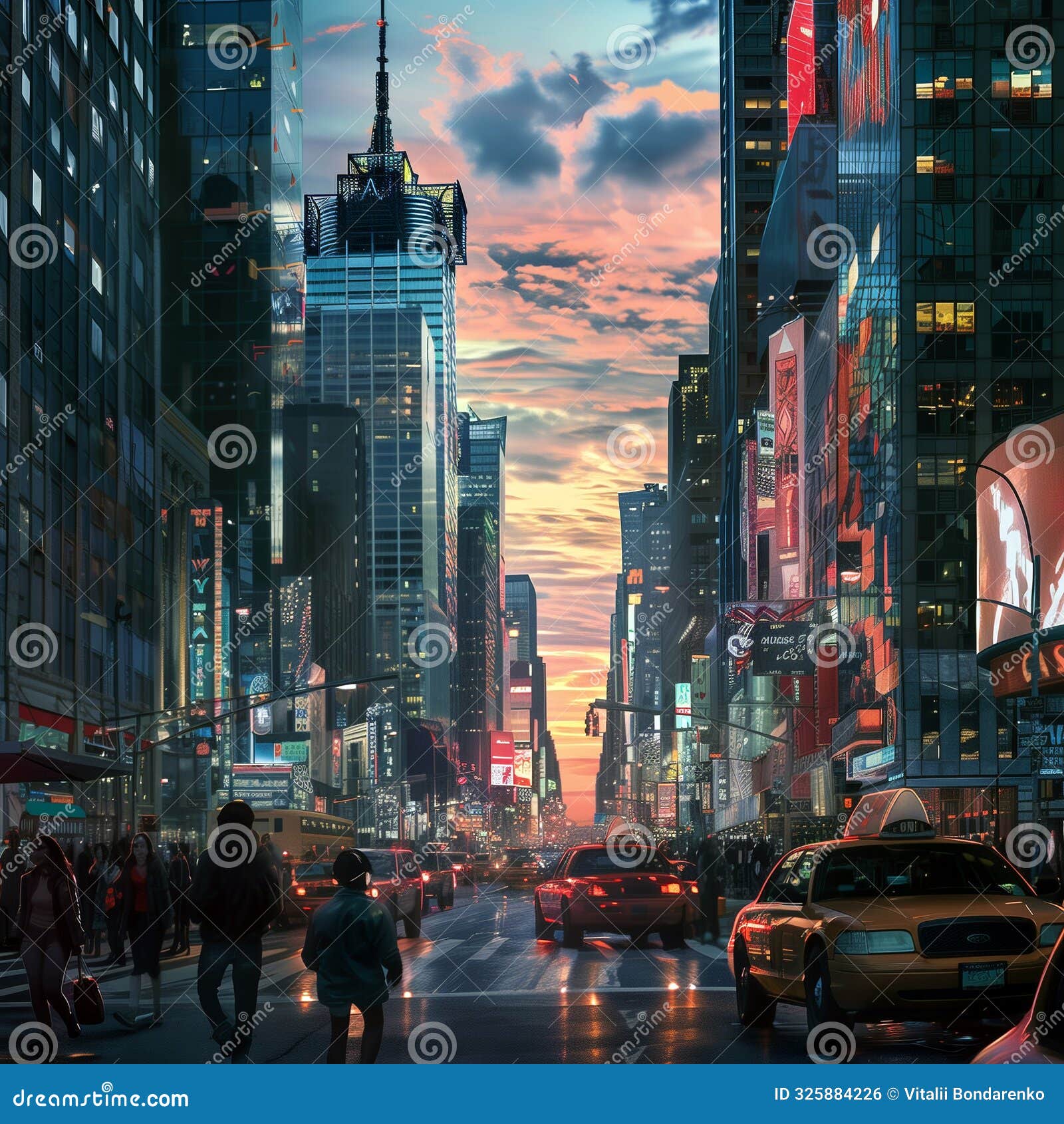 Manhattan Street View at Sunset. Stock Illustration - Illustration of ...