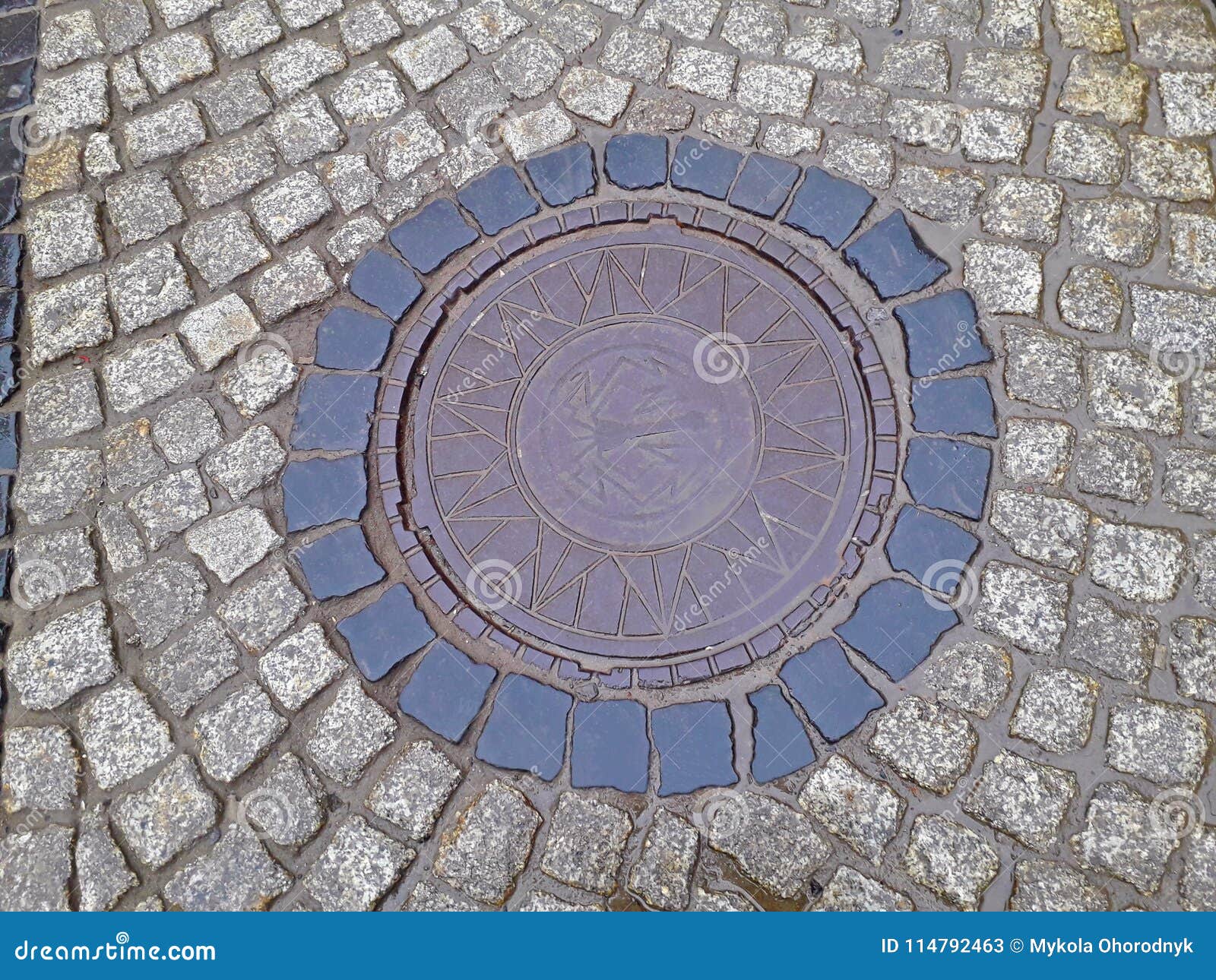 Manhole from above stock image. Image of cobblestone - 114792463