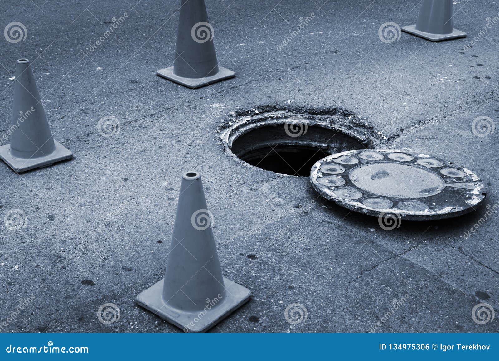 Manhole and Repair of Roads Stock Photo - Image of danger, protection ...