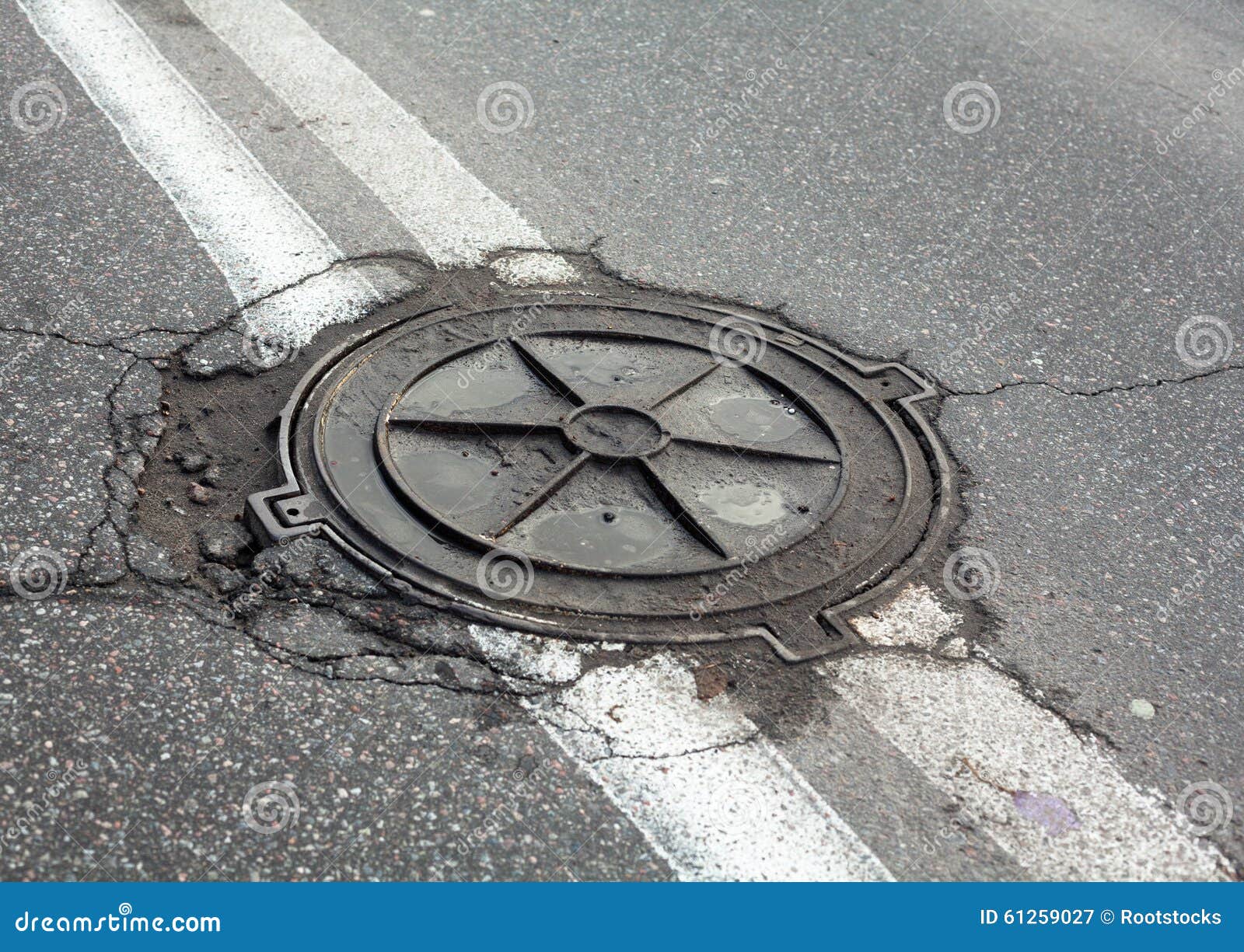 Manhole on the road stock image. Image of iron, marking - 61259027