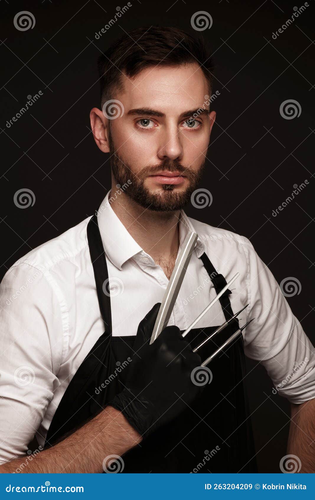 Manicur Master Man in Working Form with Tools in Hand. Nail Photo ...