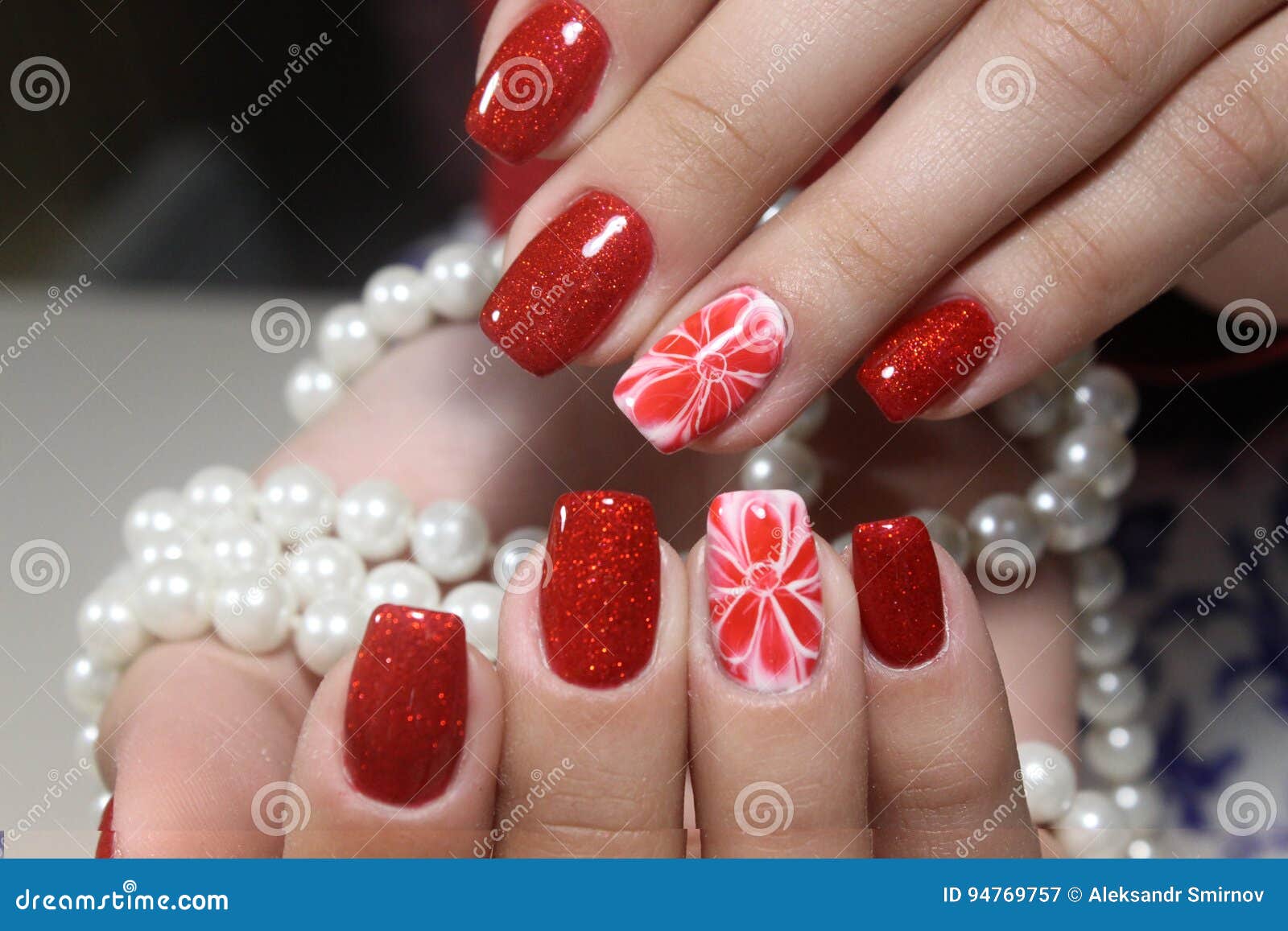Manicure Nails Extensively Bright Red Stock Image - Image of girl ...