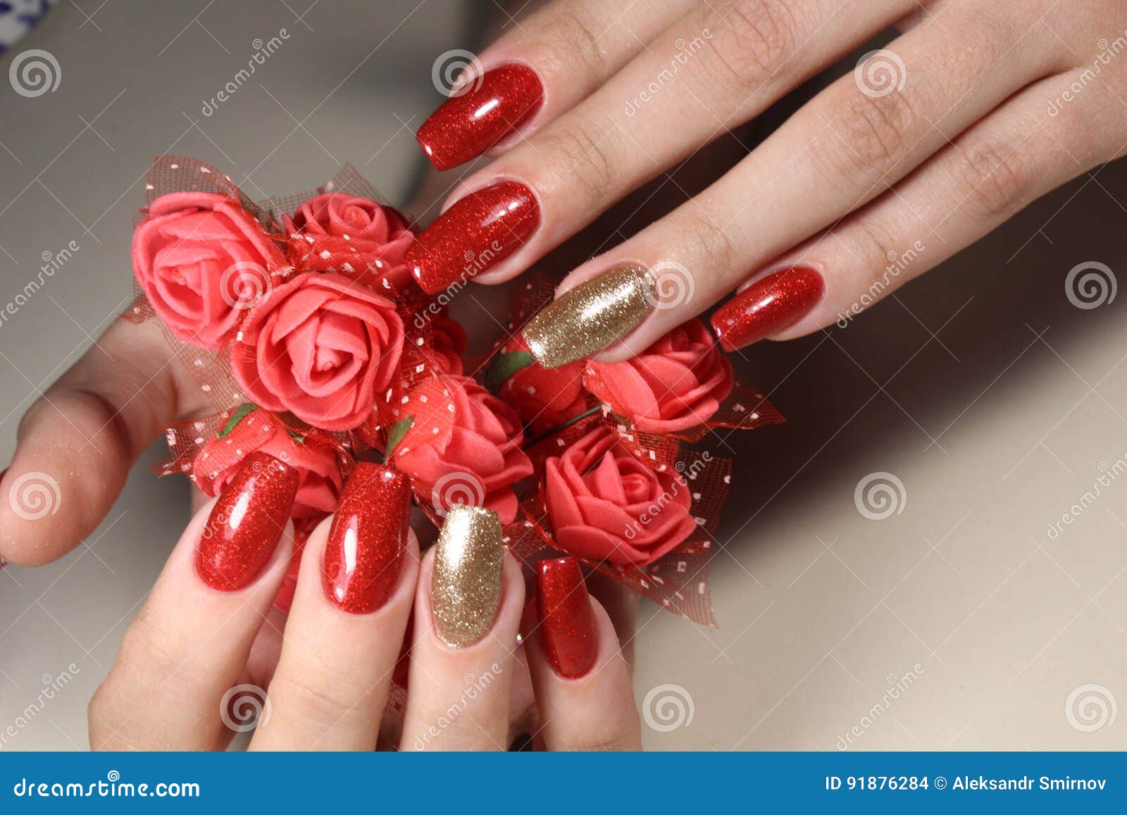 Red And Gold Acrylic Nails