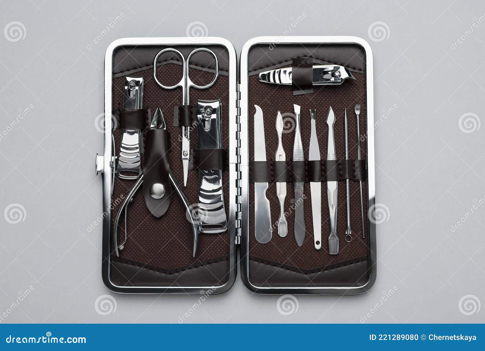 Manicure Set in Case on Grey Background, Top View Stock Photo - Image ...