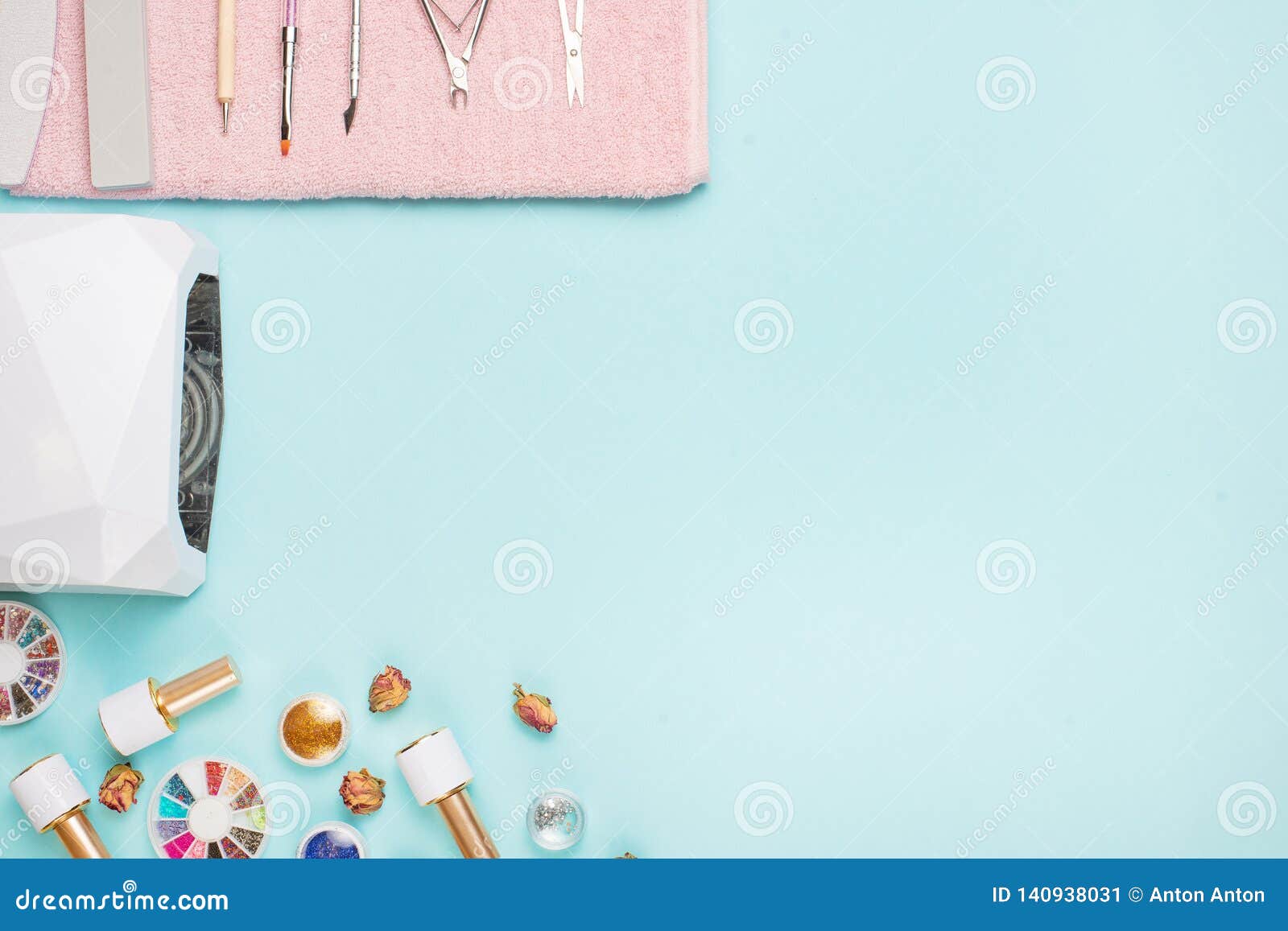 Manicure Set and Nail Polish on Blue Background Stock Image - Image of ...
