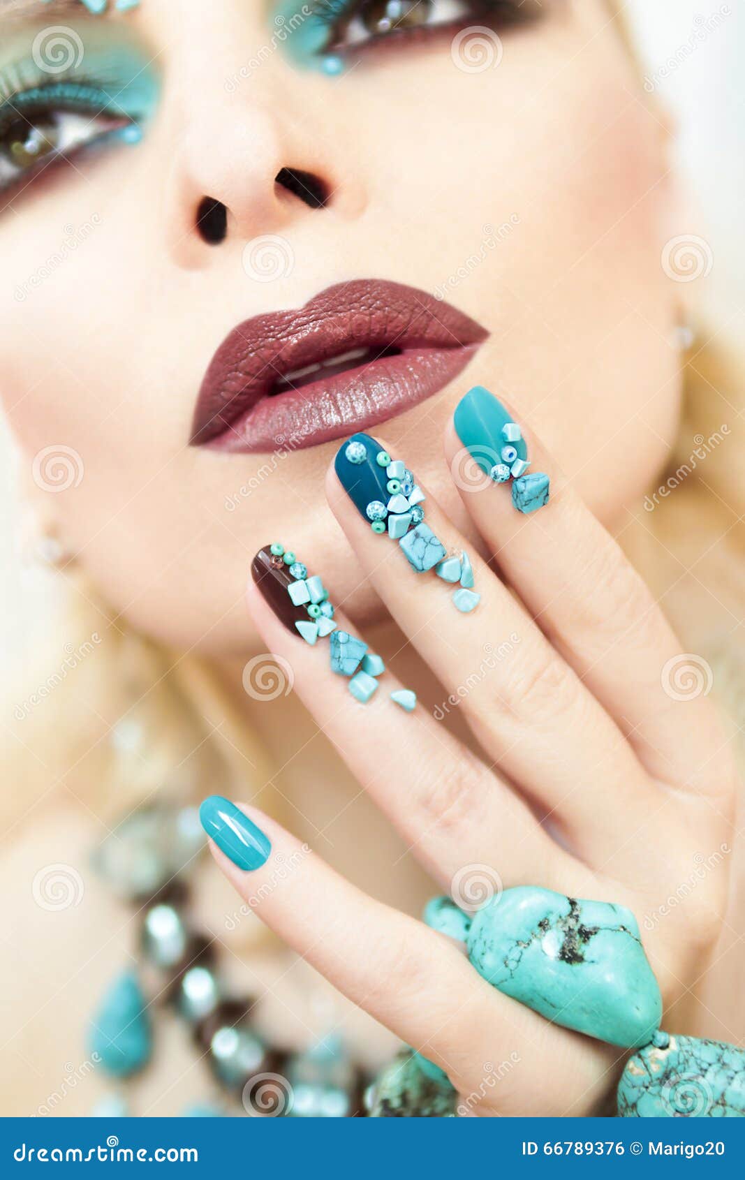 Manicure with turquoise. stock photo. Image of lips, beauty - 66789376
