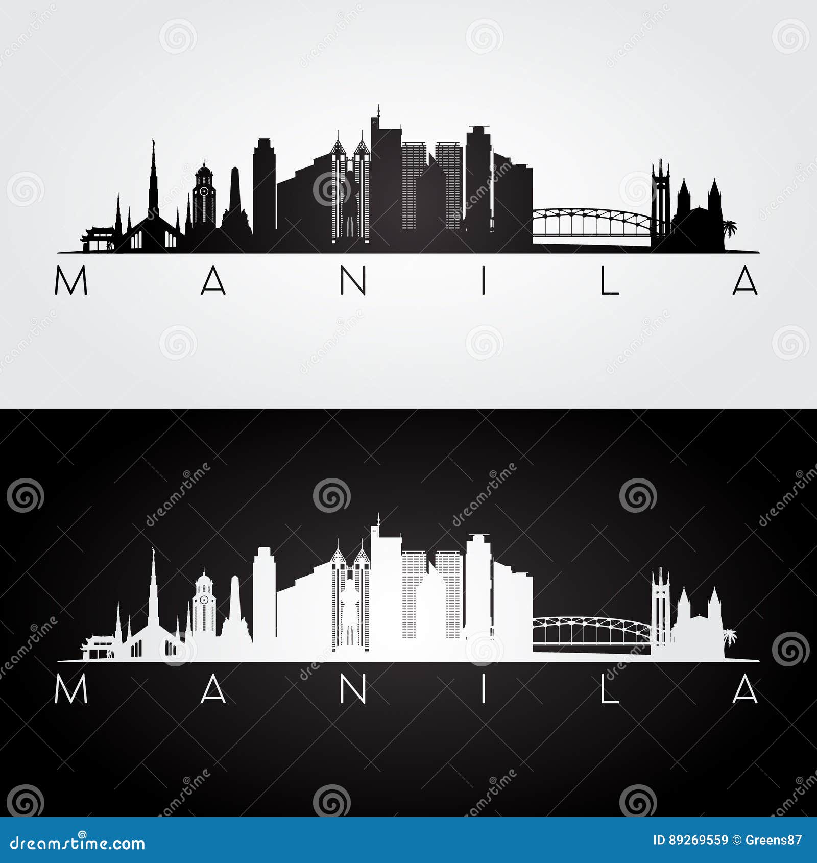 Manila Skyline And Landmarks Silhouette. Cartoon Vector | CartoonDealer ...