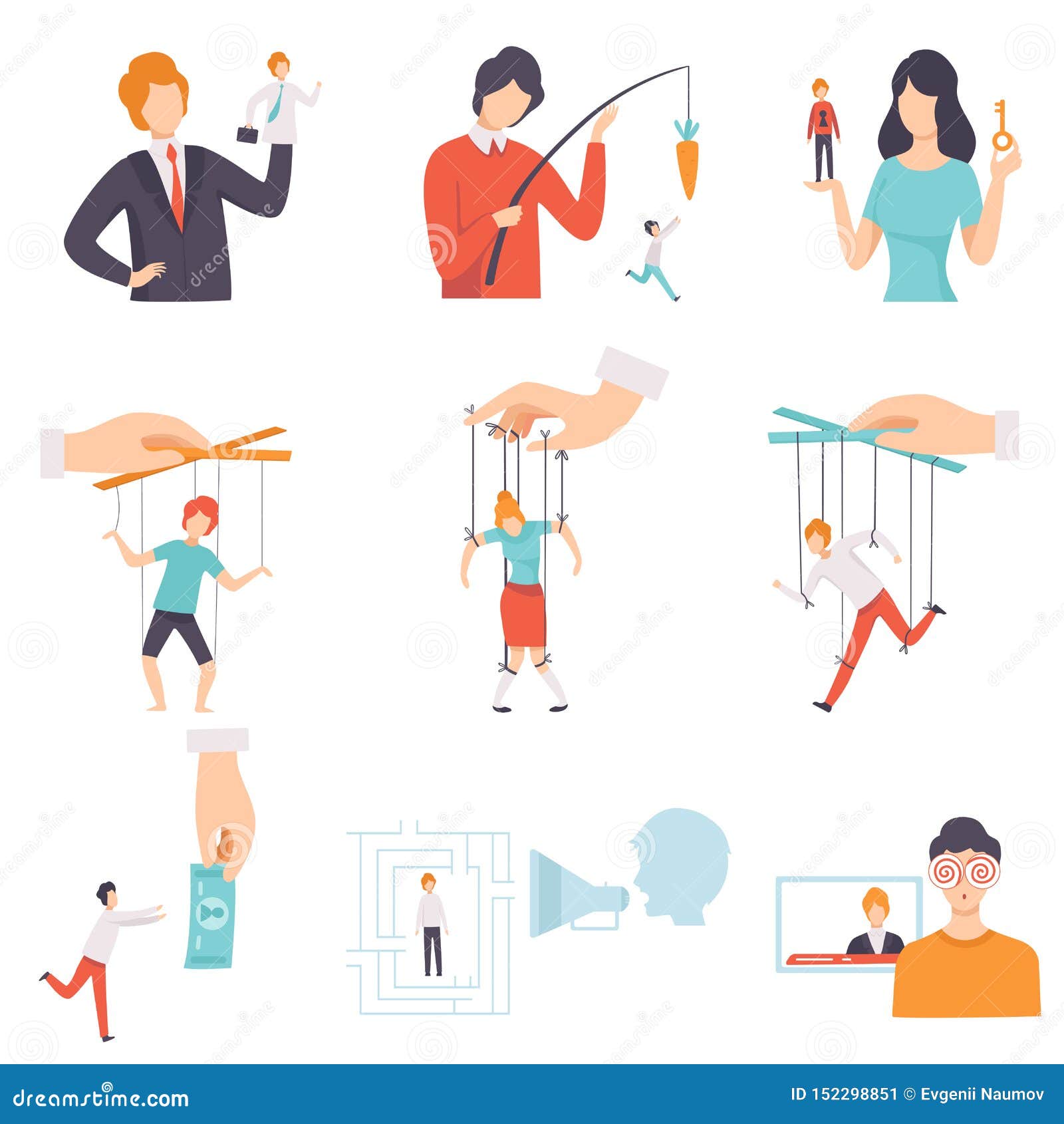 Manipulation of People Set, Puppet People Controlled by Others Vector ...