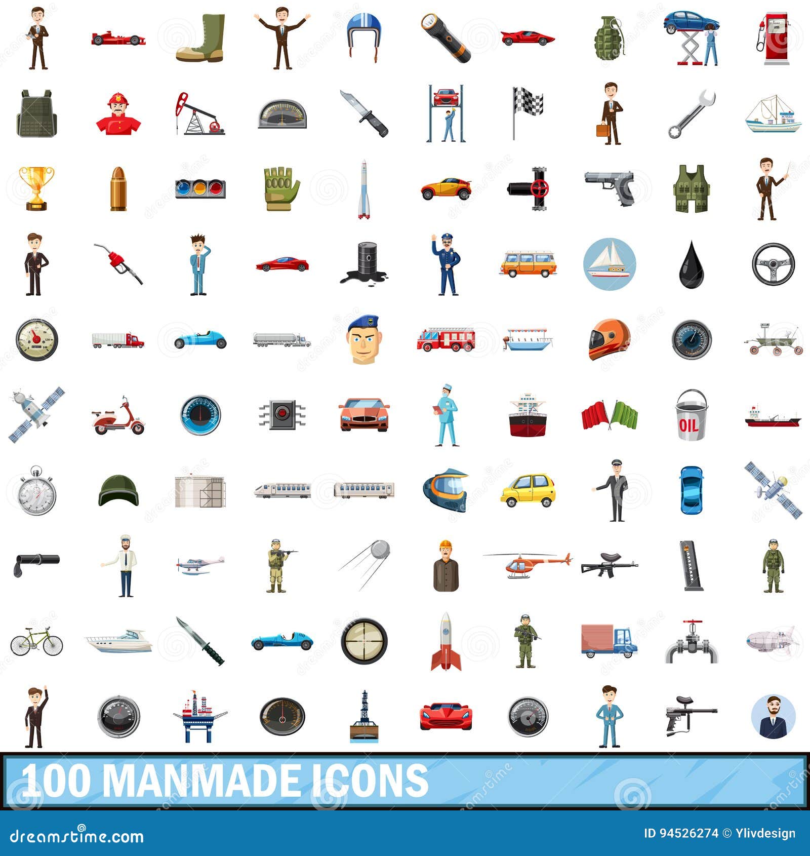 100 Manmade Icons Set, Cartoon Style Stock Vector - Illustration of ...
