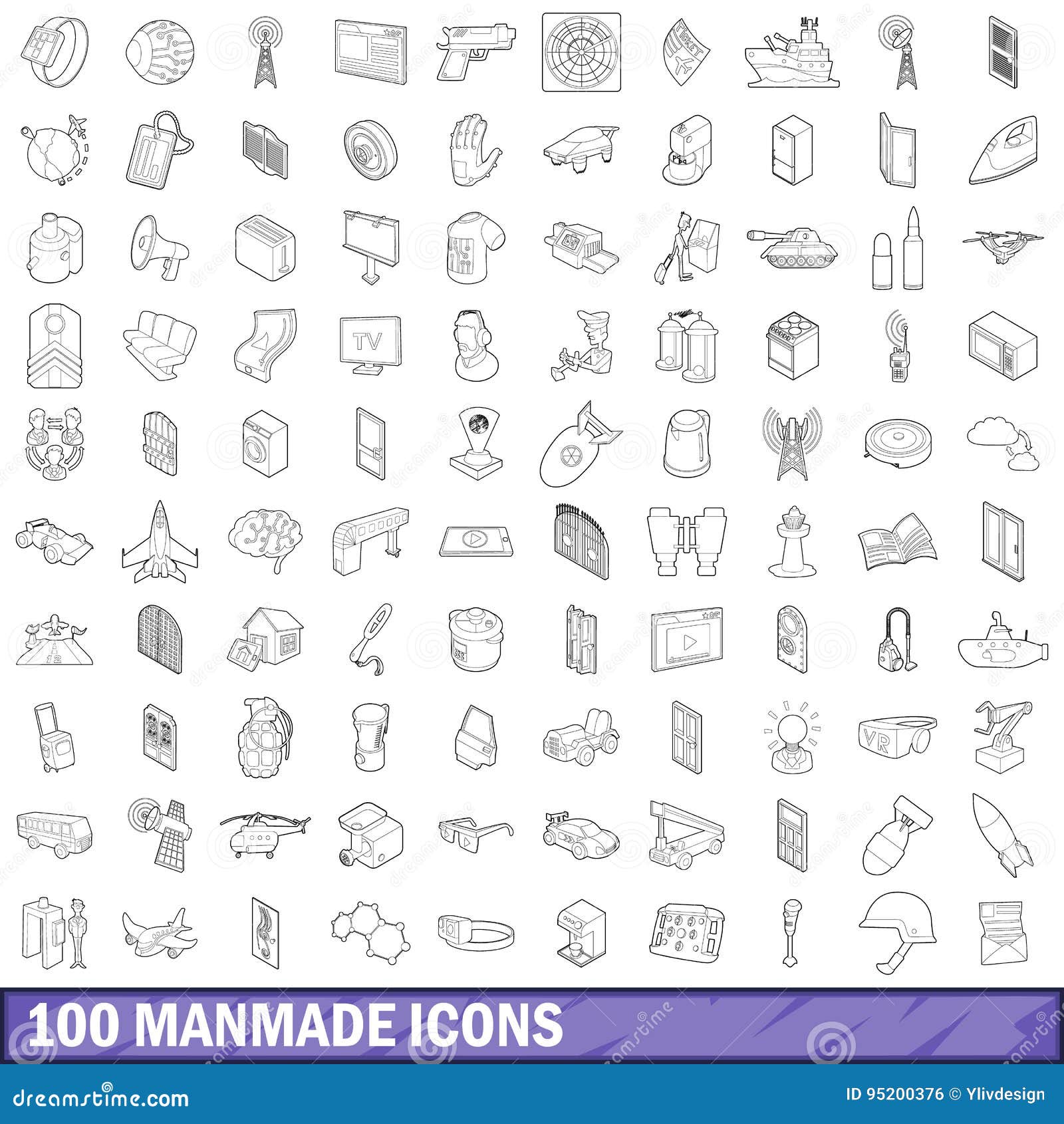 100 Manmade Icons Set, Outline Style Stock Vector - Illustration of ...