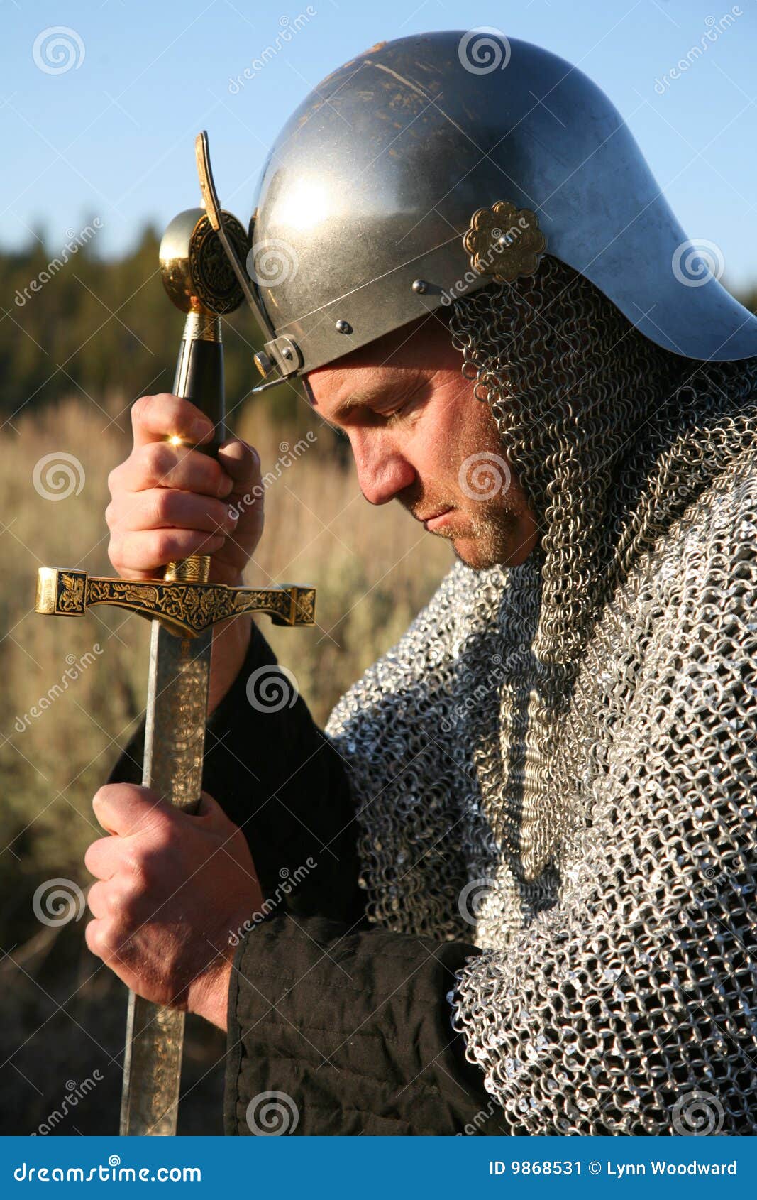 Mann in Einem Kettenhemd Kniend Und Eine Klinge Greifend Stockbild ...