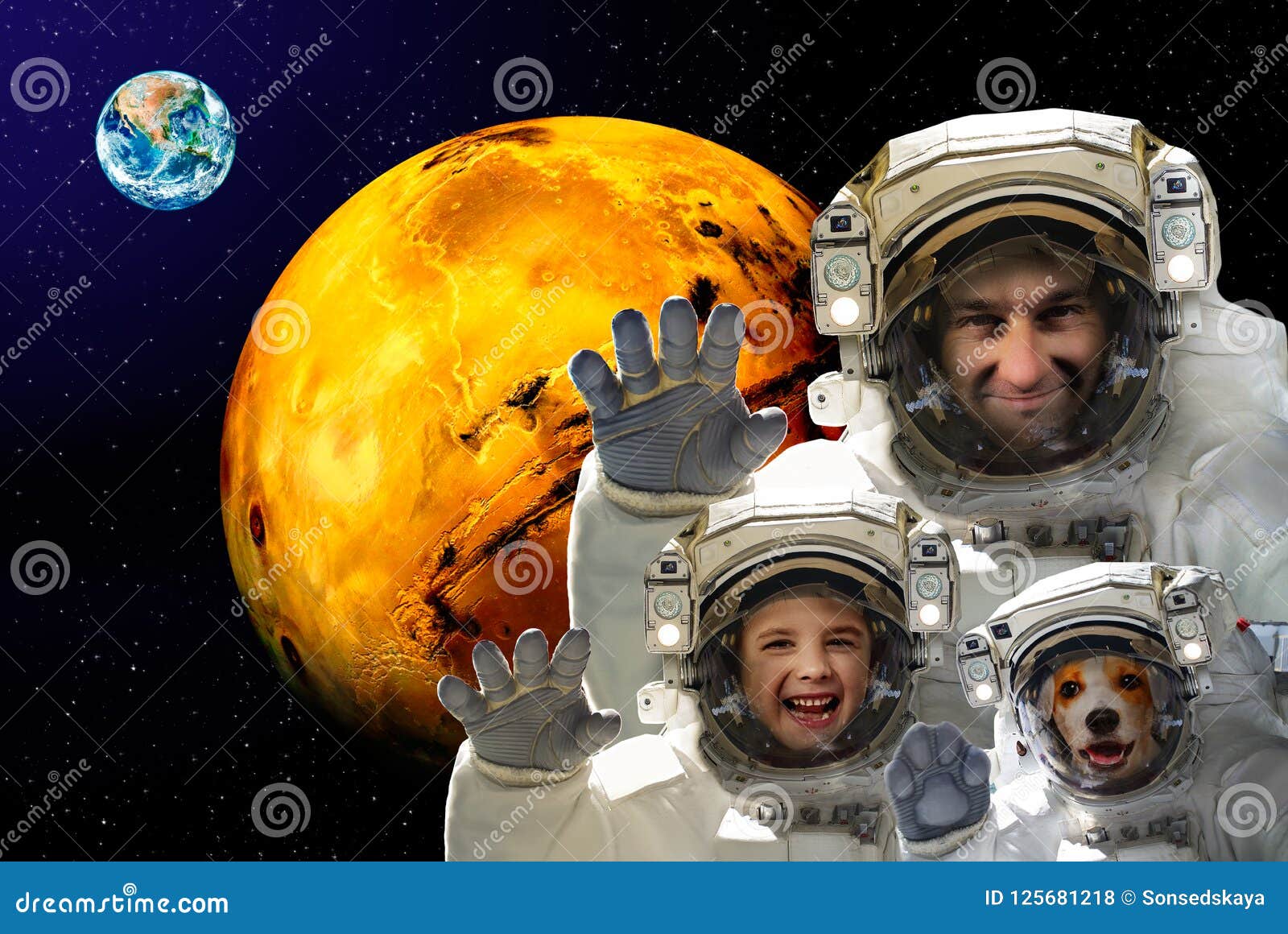 Mann Mit Einem Kind Und Einem Hund Im Kosmos Stockfoto - Bild von ...