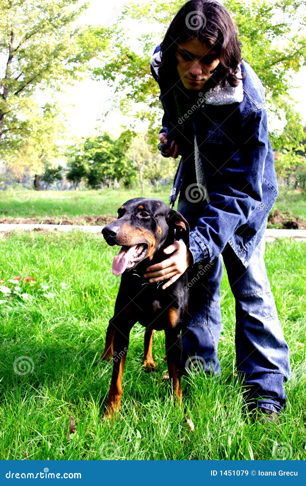 Mann mit Hund stockbild. Bild von sonne, grün, frei, dobermann - 1451079