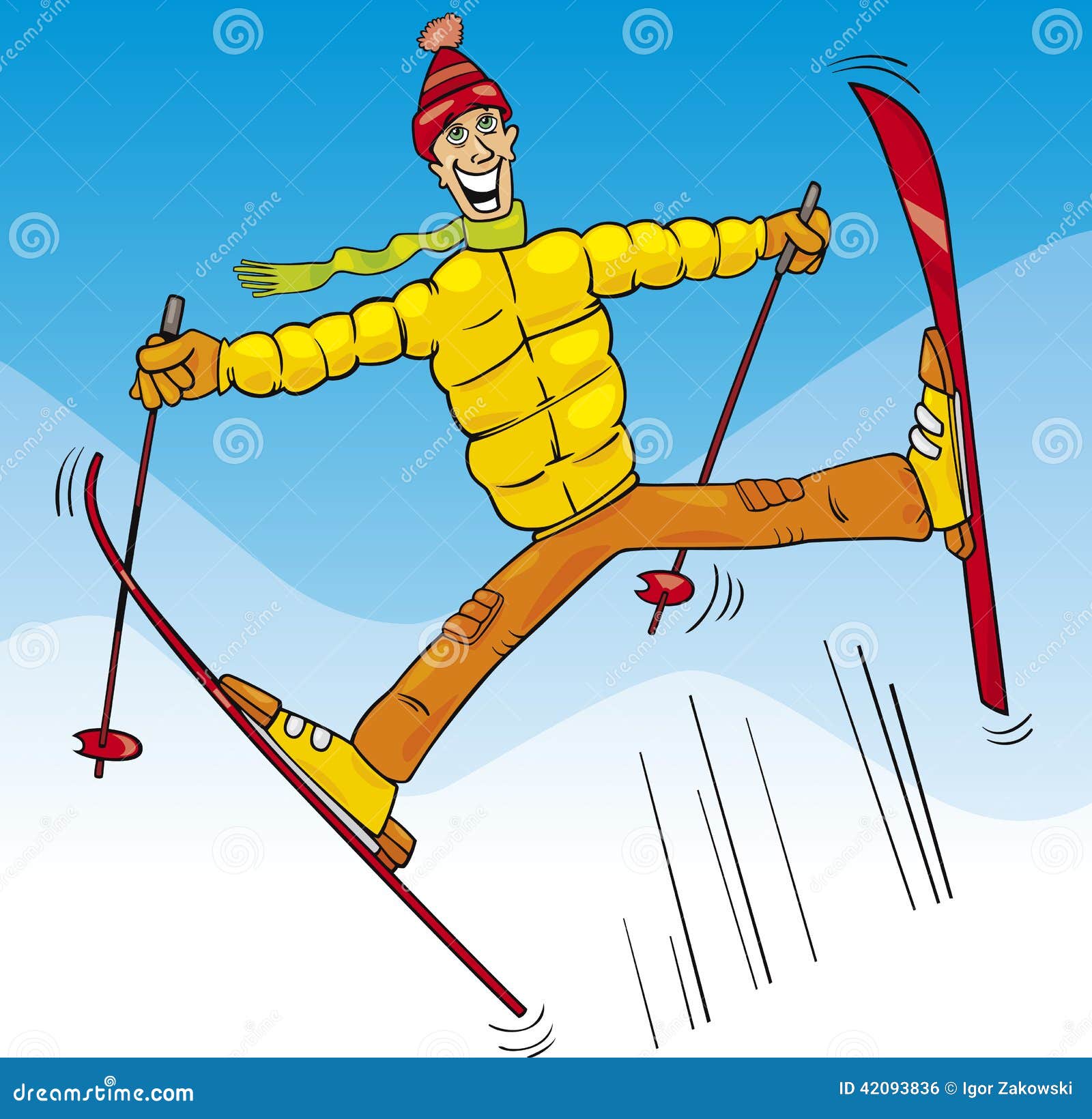 Mann Springen Auf Skikarikaturillustration Vektor Abbildung ...