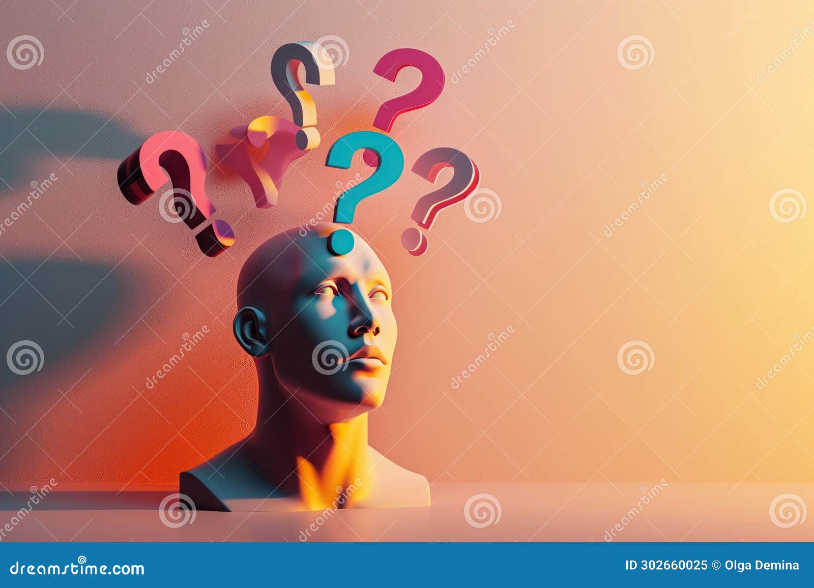 Mannequin Bust with 3D Question Marks Overhead, Symbolizing Thought ...