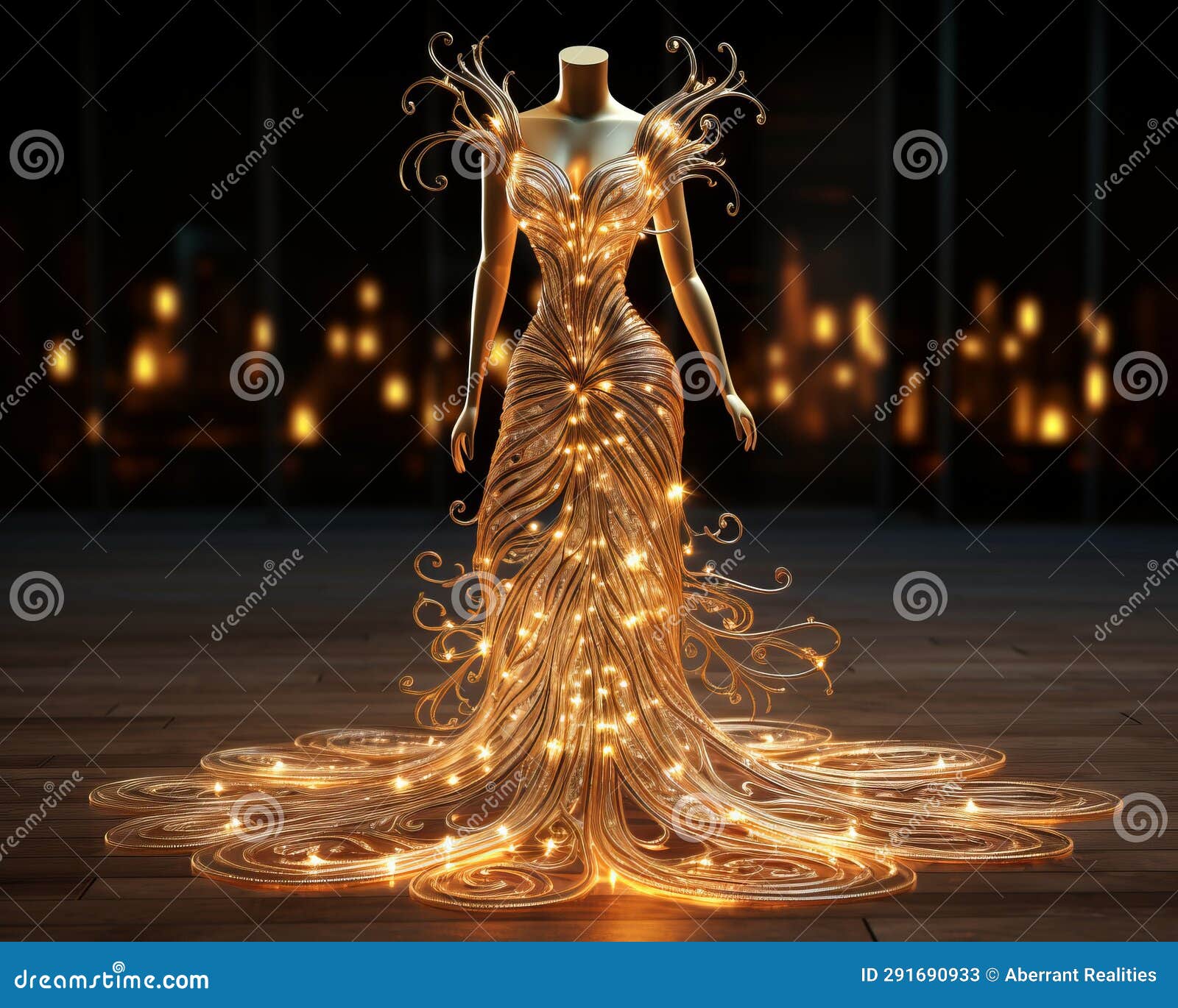 A Mannequin Dressed in a Gold Dress with Lights Stock Illustration ...
