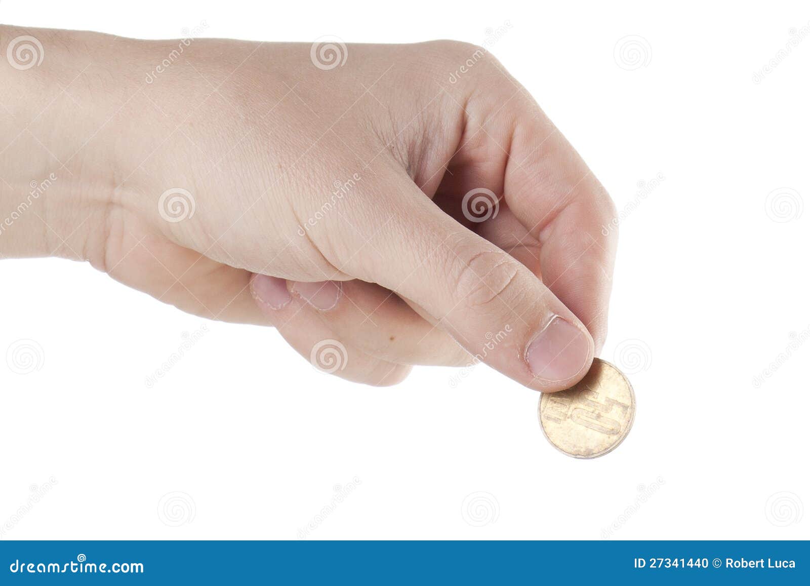 Mano che mantiene moneta fotografia stock. Immagine di isolato - 27341440